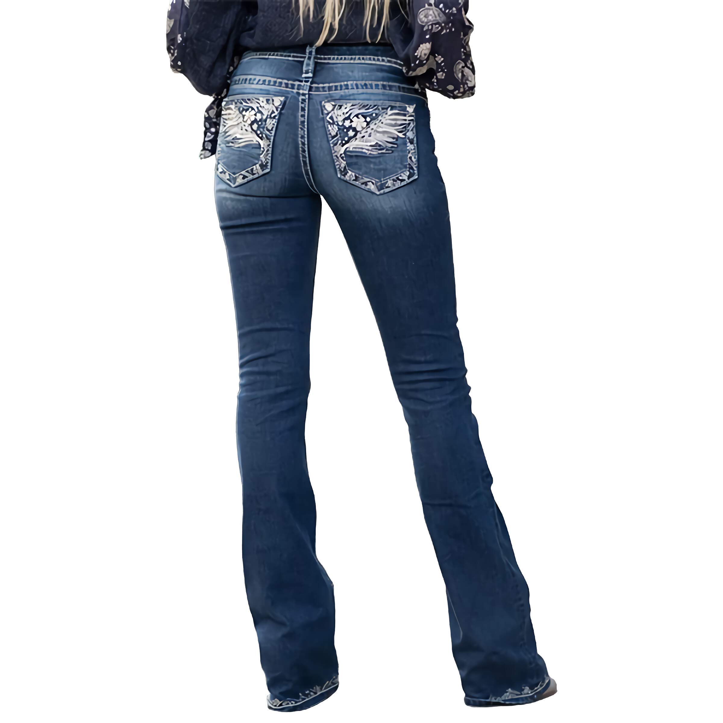 QJBMEI Women's Jeans Feather Flower Embroidery Mid Rise Stretchy Bootcut Slim Wide Leg Pants Blue