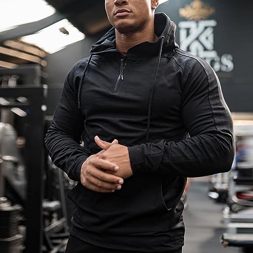GYMELITE Men's 1/4 Zip Fashion Pullover Hoodie Athletic Workout Fit Cotton Blend Hooded Sweatshirts Casual Long Sleeve with Pockets(BK L Black