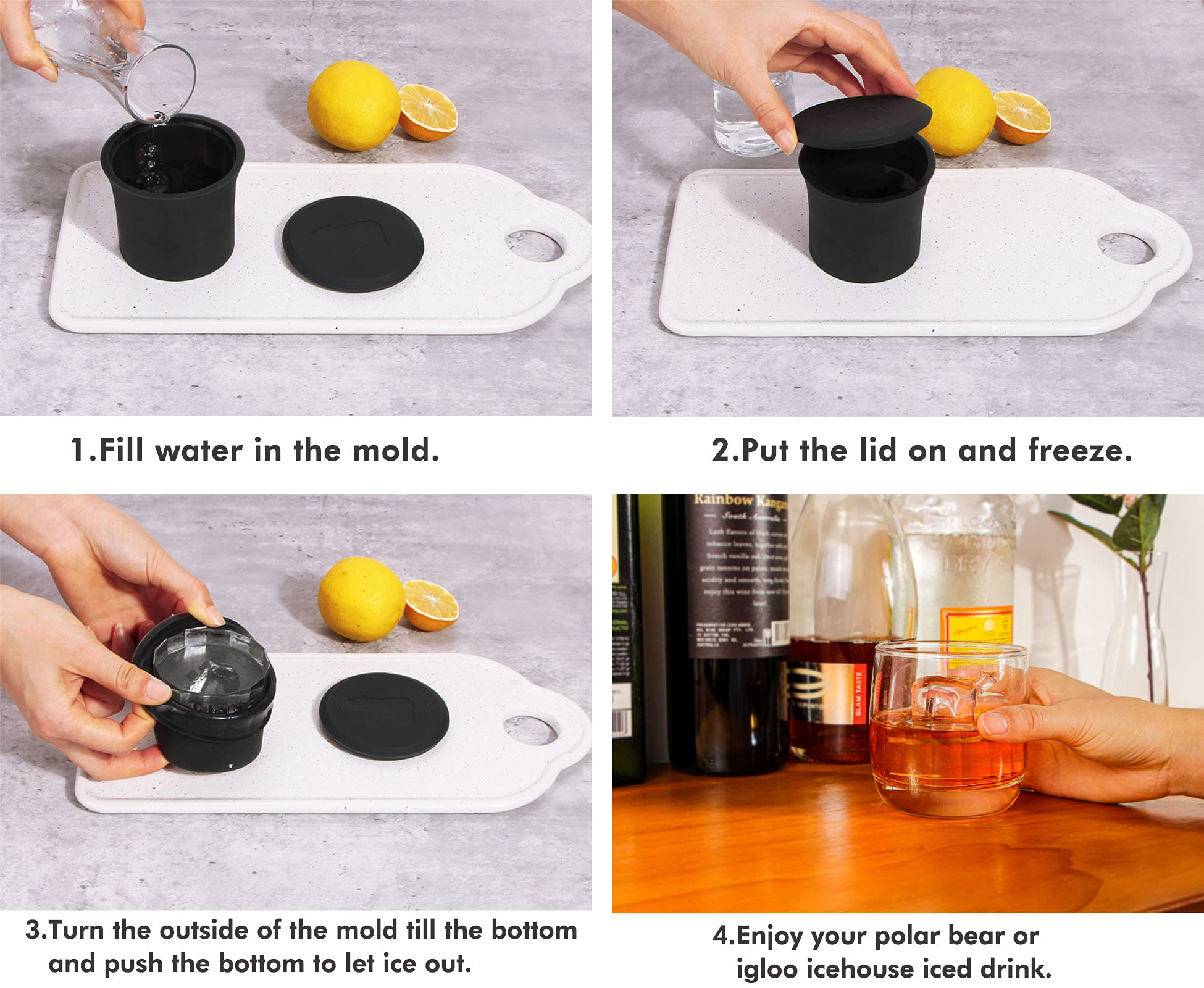 Webake Silicone Individual Ice Mold, 3D Polar Bear Ice Mold Igloo Icehouse Fun Ice Cube Molds with Lid, 4 Pack Round Ice Ball Molds for Whiskey, Cocktails and Juice Beverages