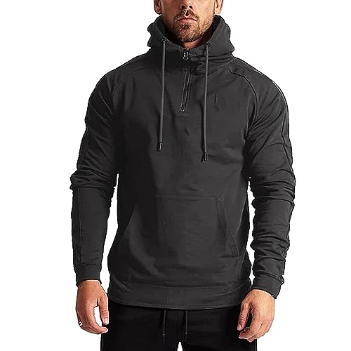 GYMELITE Men's 1/4 Zip Fashion Pullover Hoodie Athletic Workout Fit Cotton Blend Hooded Sweatshirts Casual Long Sleeve with Pockets(BK L Black
