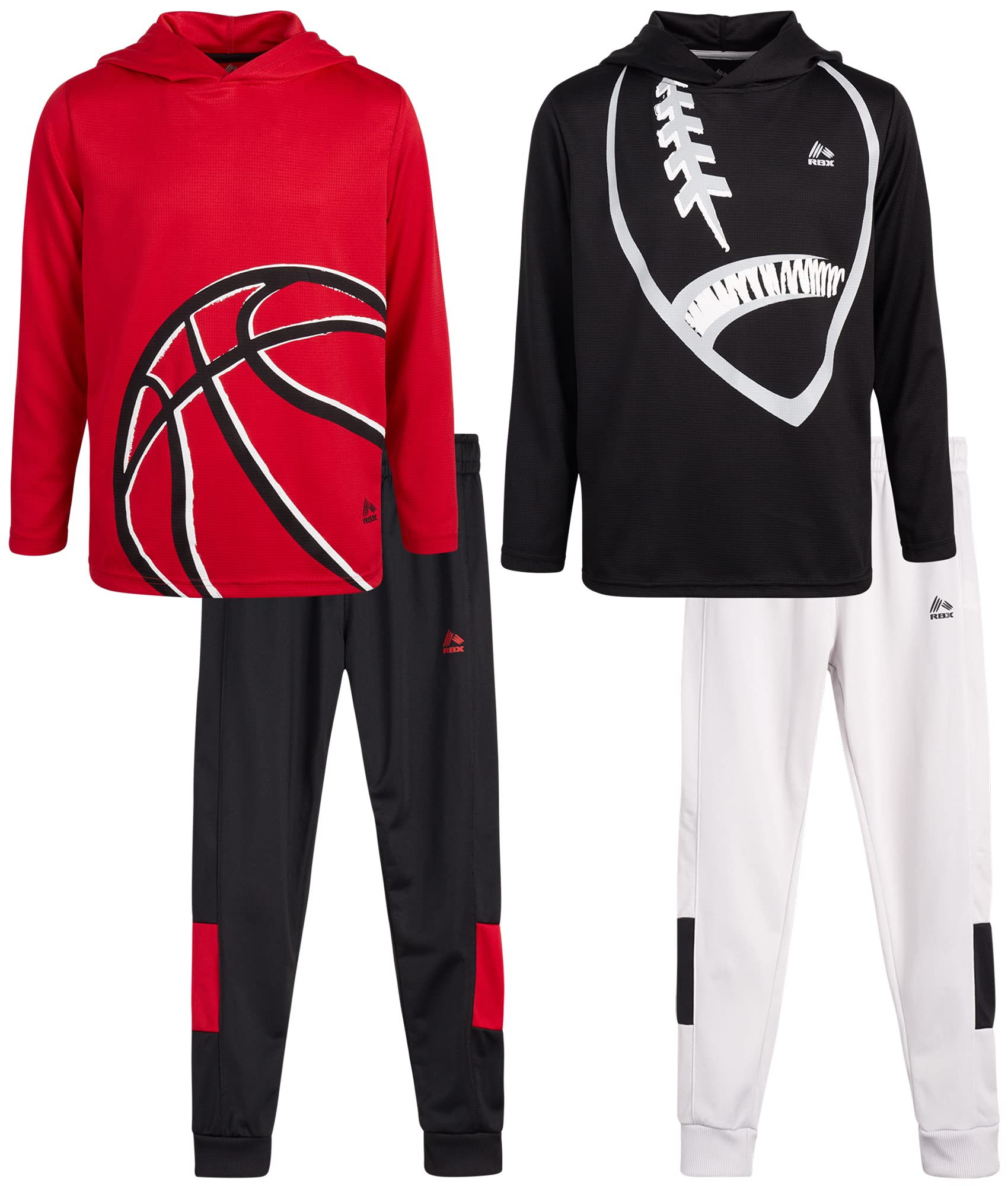 RBX Boys' Sweatsuit Set – 4 Piece Thermal Sports Hoodie and Tricot Jogger Pants (8-12), Size 10, Red Basketball/Black Football