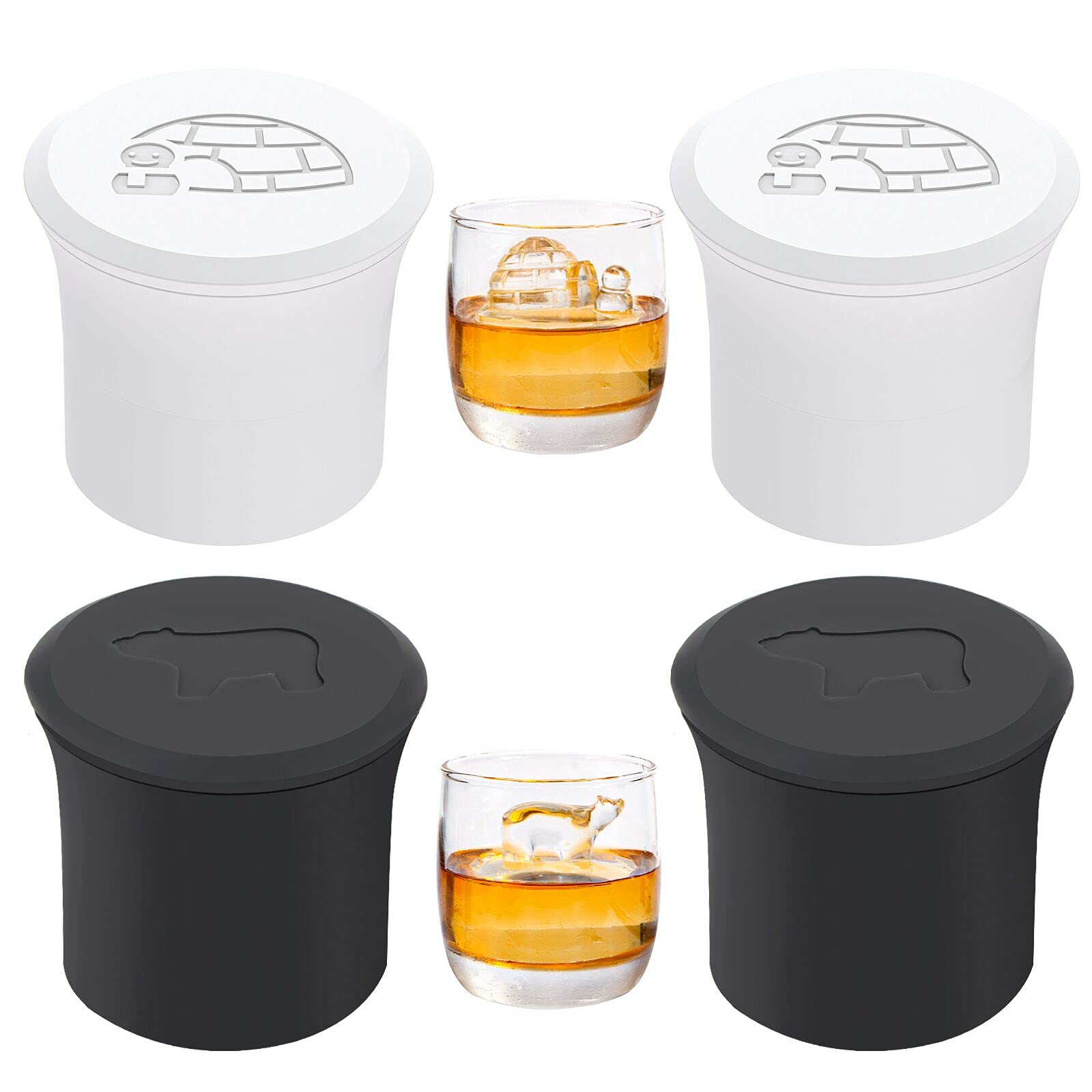 Webake Silicone Individual Ice Mold, 3D Polar Bear Ice Mold Igloo Icehouse Fun Ice Cube Molds with Lid, 4 Pack Round Ice Ball Molds for Whiskey, Cocktails and Juice Beverages