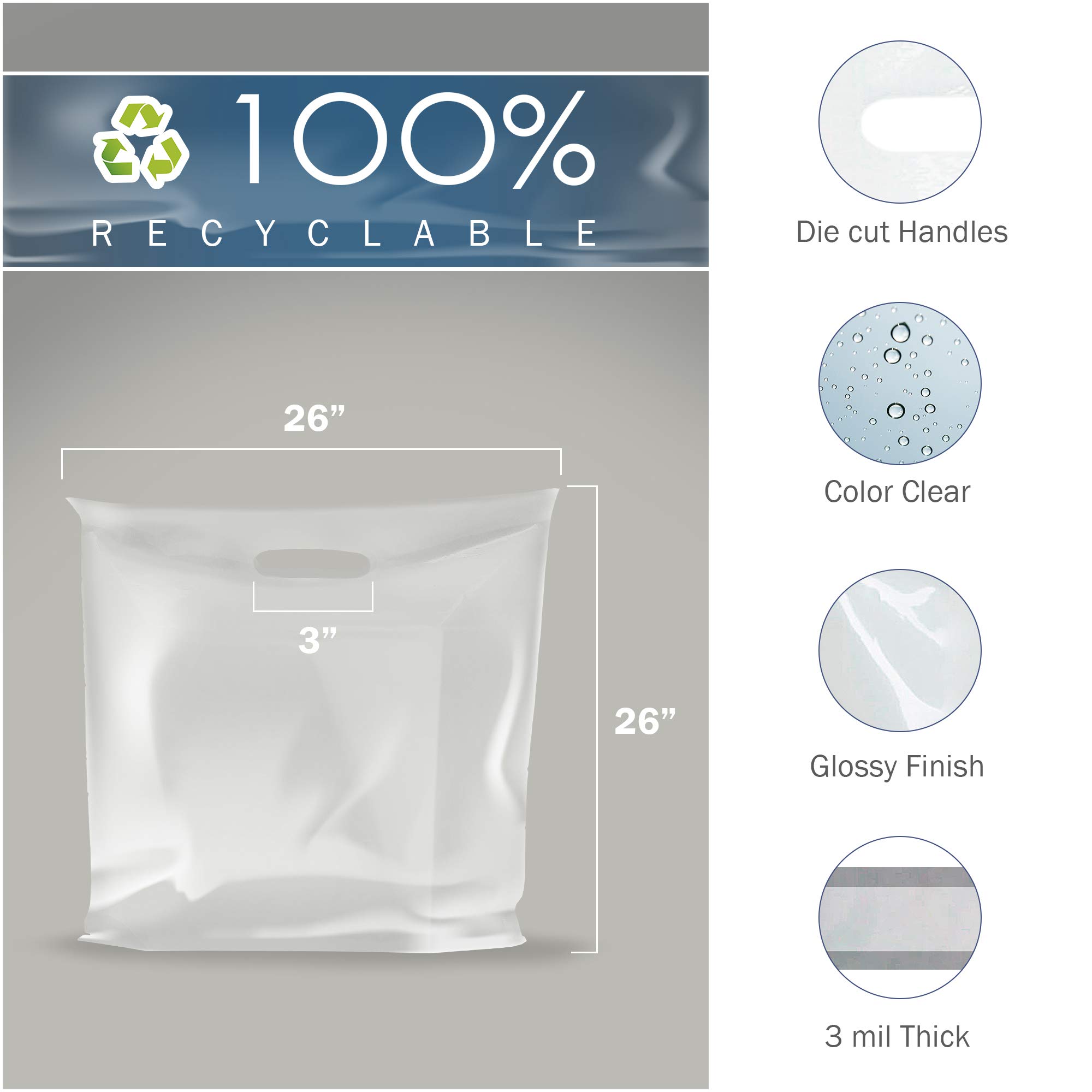 50 Pack Extra Large Glossy Clear Merchandise Bags 26" x 26" x 3 mil Thick - Die Cut Handles - Ideal for Shopping, Large Packages, Toys - Color Clear - Recyclable