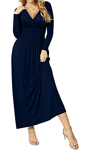 CATHY Women Long Sleeve Deep V Neck Casual Pleated Waist Maxi Dresses with Pockets, S, Long Sleeve Navy Blue