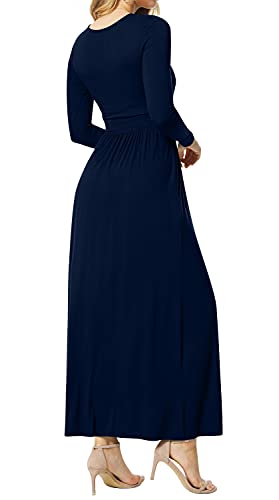 CATHY Women Long Sleeve Deep V Neck Casual Pleated Waist Maxi Dresses with Pockets, S, Long Sleeve Navy Blue