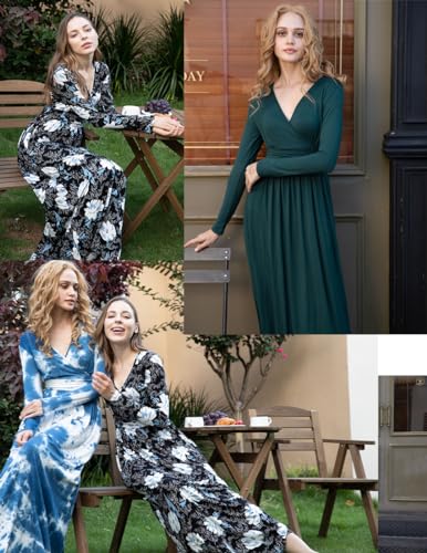 CATHY Women Long Sleeve Deep V Neck Casual Pleated Waist Maxi Dresses with Pockets, S, Long Sleeve Navy Blue