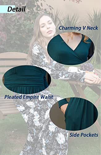 CATHY Women Long Sleeve Deep V Neck Casual Pleated Waist Maxi Dresses with Pockets, S, Long Sleeve Navy Blue