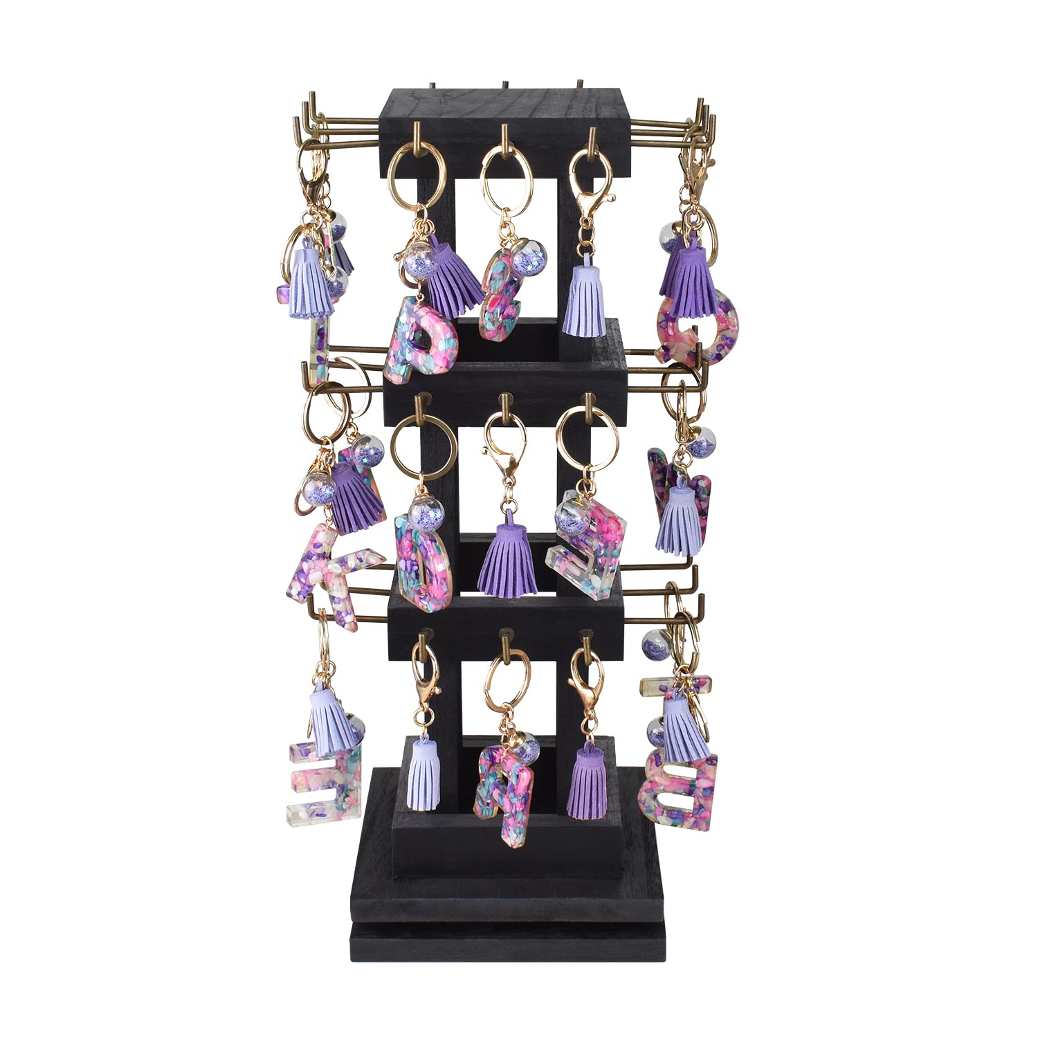 Ikee Design 36 Hooks Wood Rotating Keychain Holder Display Stand,3 Tier Jewelry Display Tree Stand,Bracelet Holder, Earring Rack for Vendors and Selling, Black Color