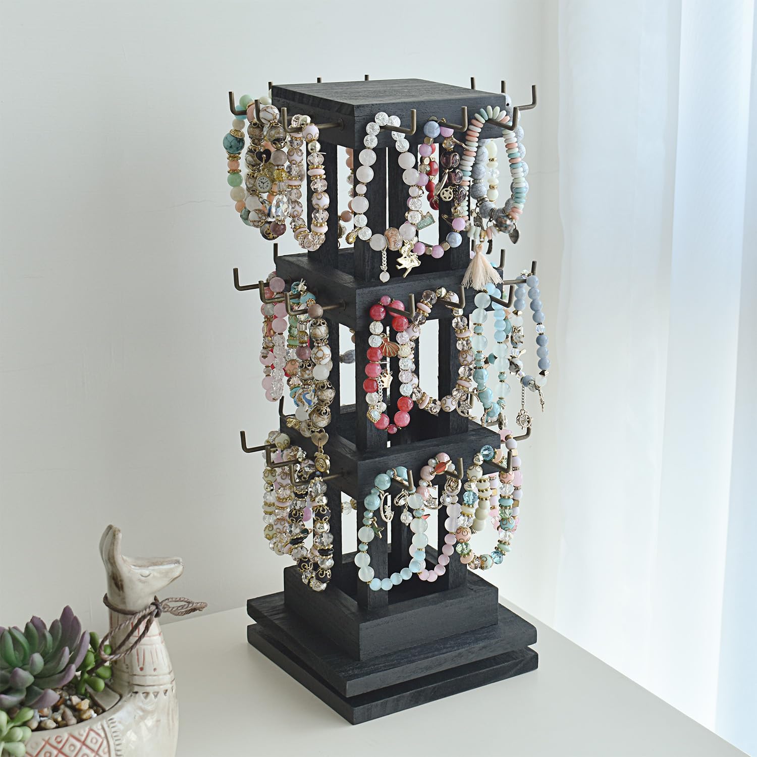 Ikee Design 36 Hooks Wood Rotating Keychain Holder Display Stand,3 Tier Jewelry Display Tree Stand,Bracelet Holder, Earring Rack for Vendors and Selling, Black Color