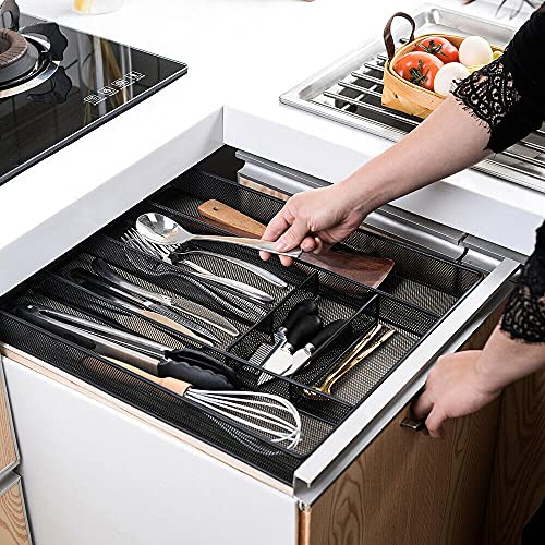 Velaze Black Cutlery Organizer Kitchen /Office Mesh Steel Utensil Drawer Storage
