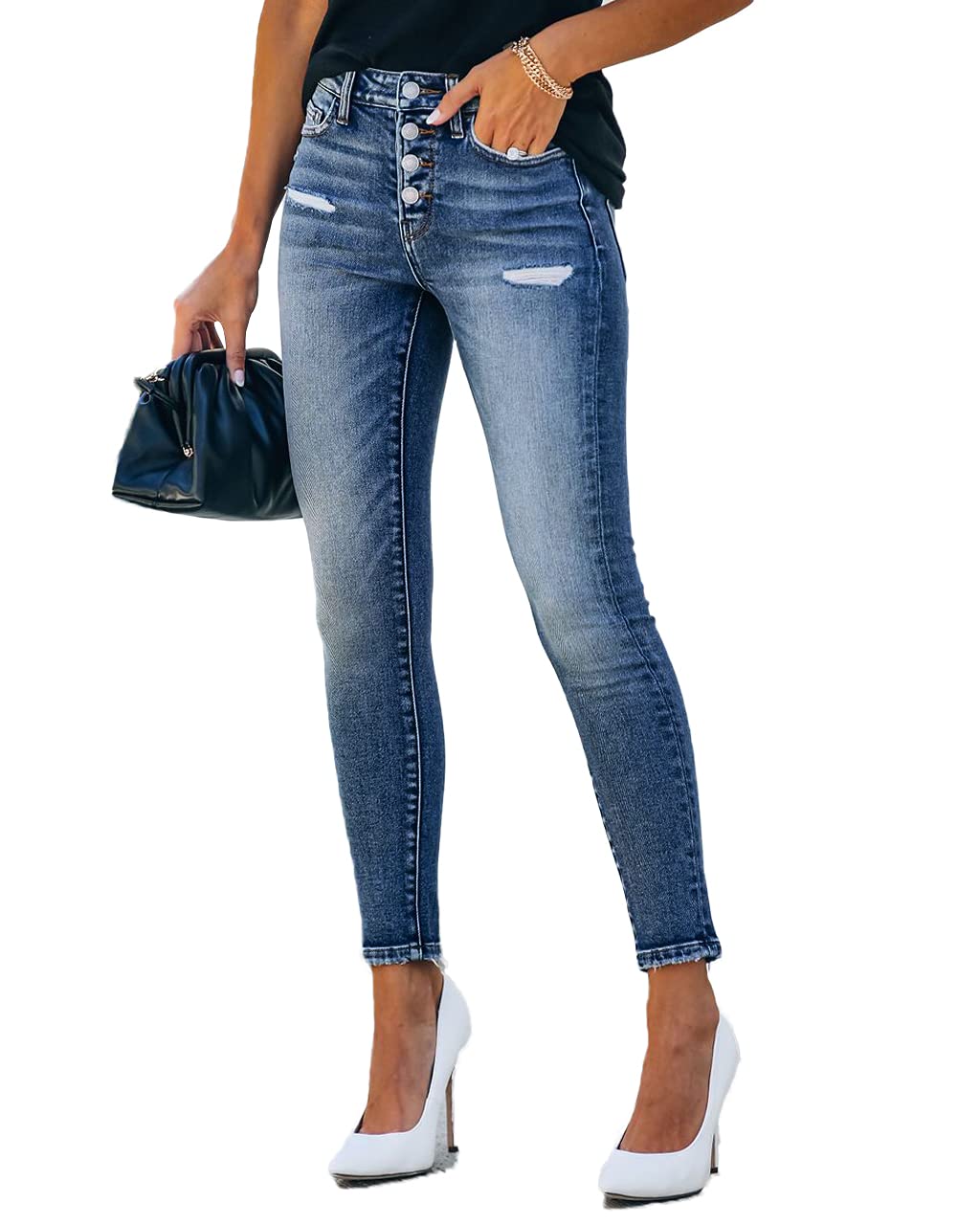 Allimy Women's High Waist Skinny Stretch Ripped Jeans Destroyed Denim Pants 12