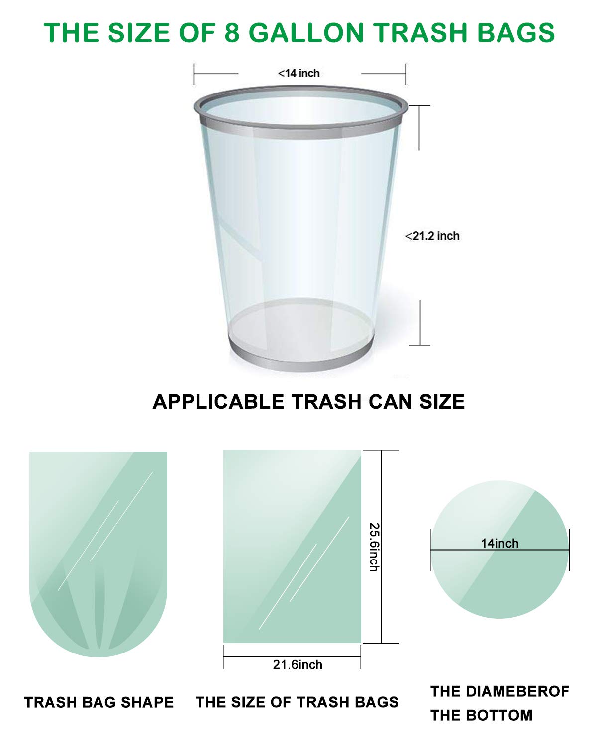 8 Gallon Trash Bags Bathroom Trash Bags, AYOTEE 40 Count Ultra Strong Unscented Garbage Bags Clear Trash Bags Waste Basket Liners for Bathroom, Kitchen,Bedroom, Office, Pet, Car(Green)
