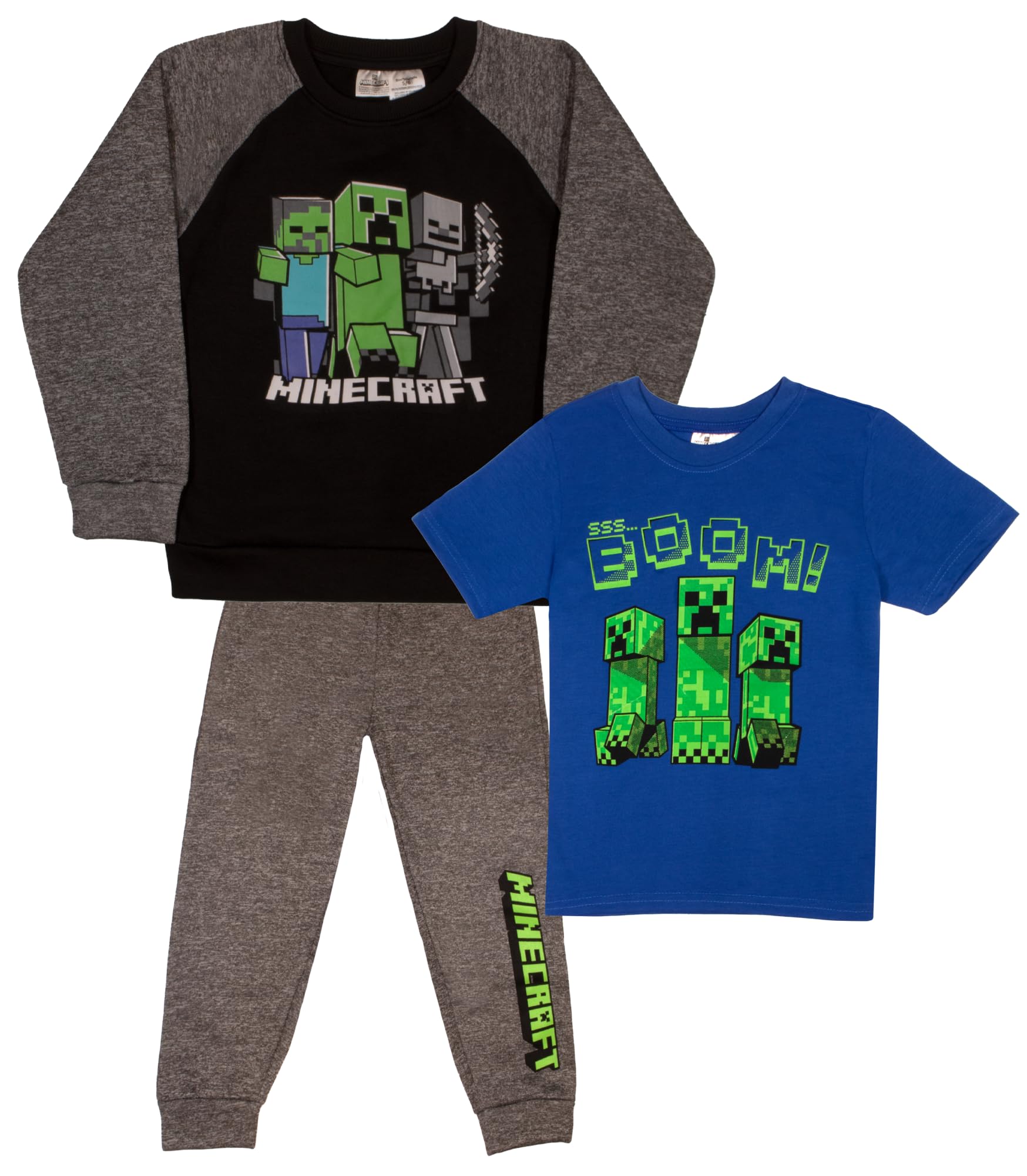 Minecraft Boys 3 Piece Fleece Pants Sets, Crew Neck Sweatshirt, T-Shirt, and Pants 3-Pack Bundle Set for Boys (Black/Blue, Size 4)