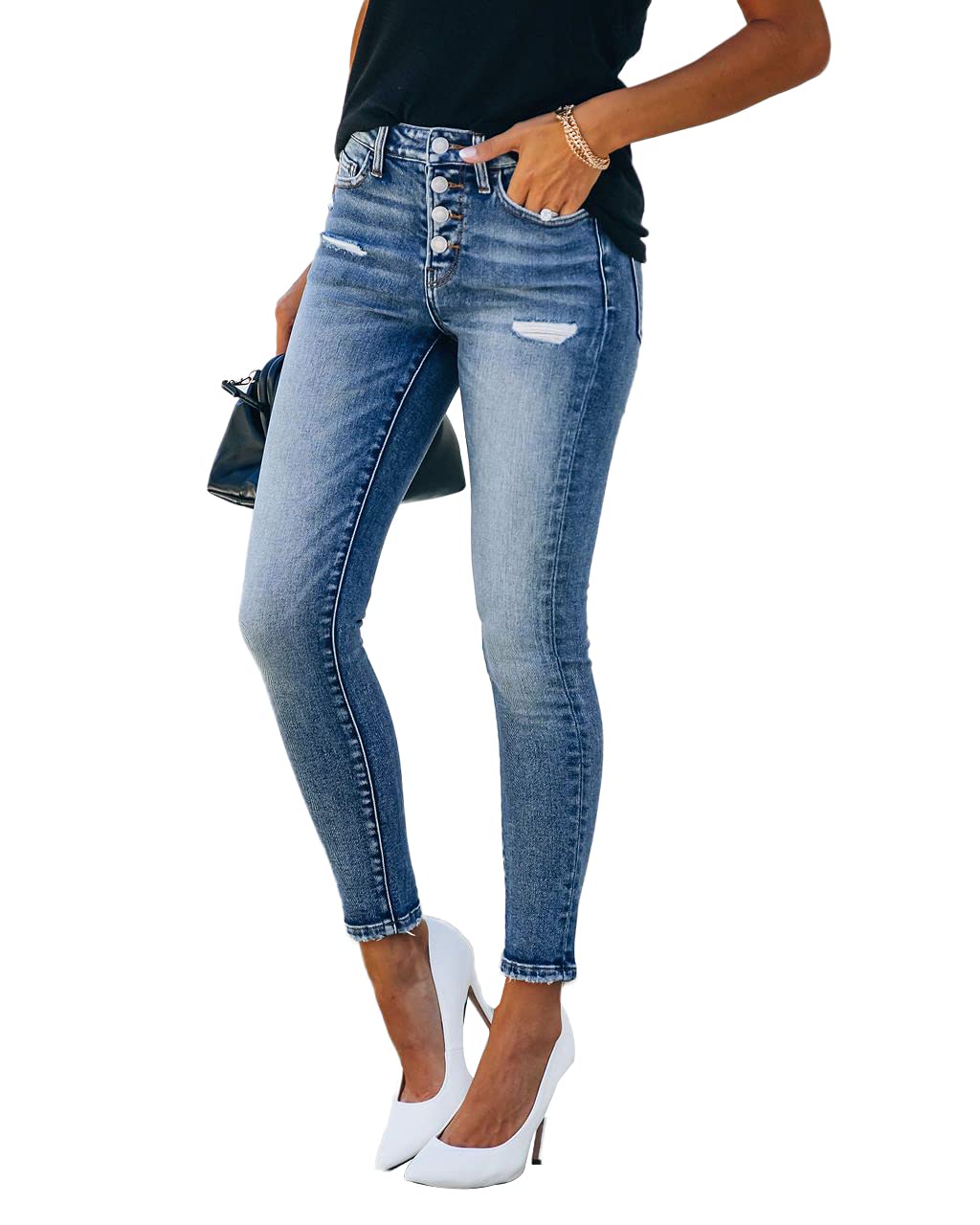 Allimy Women's High Waist Skinny Stretch Ripped Jeans Destroyed Denim Pants 12