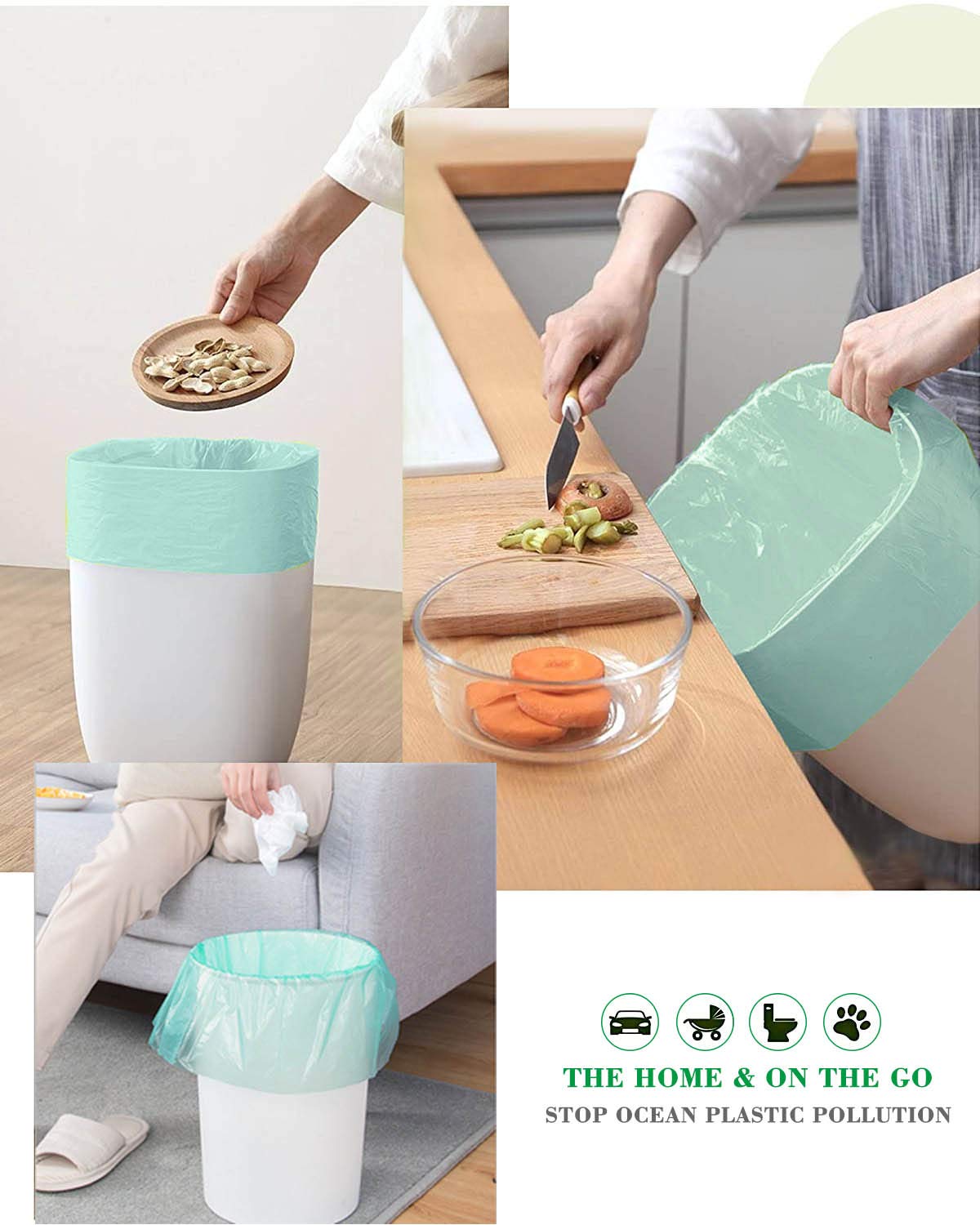 8 Gallon Trash Bags Bathroom Trash Bags, AYOTEE 40 Count Ultra Strong Unscented Garbage Bags Clear Trash Bags Waste Basket Liners for Bathroom, Kitchen,Bedroom, Office, Pet, Car(Green)
