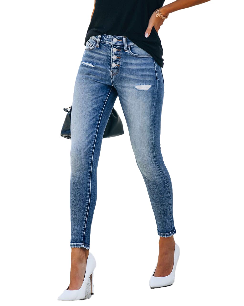 Allimy Women's High Waist Skinny Stretch Ripped Jeans Destroyed Denim Pants 12