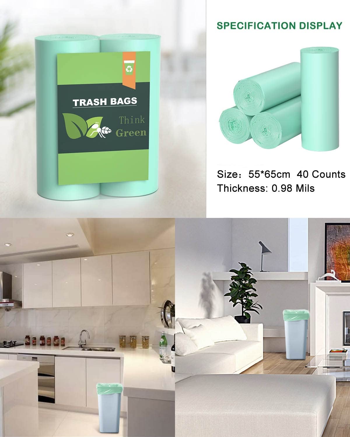 8 Gallon Trash Bags Bathroom Trash Bags, AYOTEE 40 Count Ultra Strong Unscented Garbage Bags Clear Trash Bags Waste Basket Liners for Bathroom, Kitchen,Bedroom, Office, Pet, Car(Green)