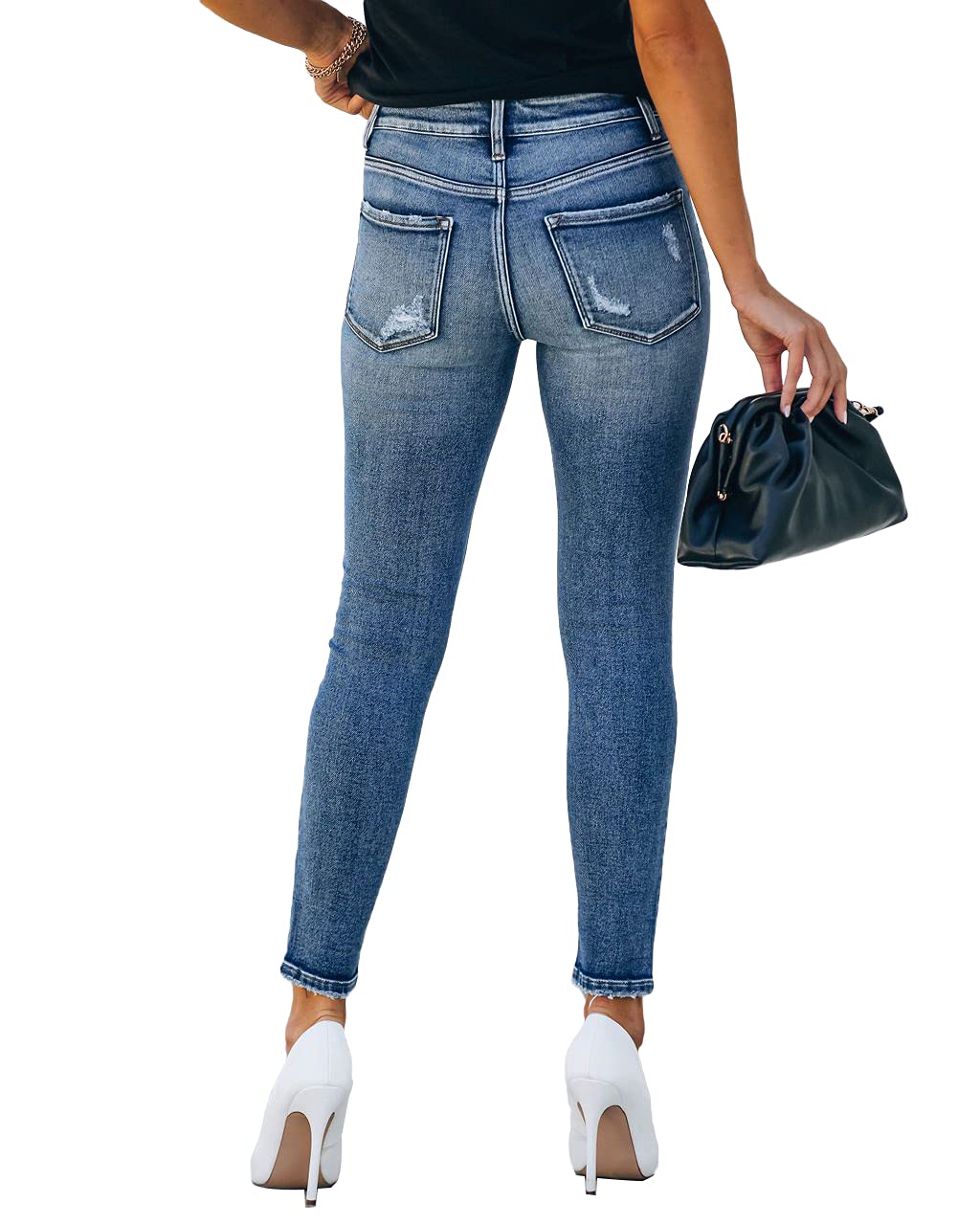 Allimy Women's High Waist Skinny Stretch Ripped Jeans Destroyed Denim Pants 12