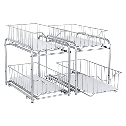 2 Pack - Stackable 2-Tier Under Sink Cabinet Organizer with Sliding Storage Drawer, Pull Out Cabinets Organizer Shelf Baskets, for Kitchen, Pantry, Under The Sink, Cabinet, Bathroom, Silver