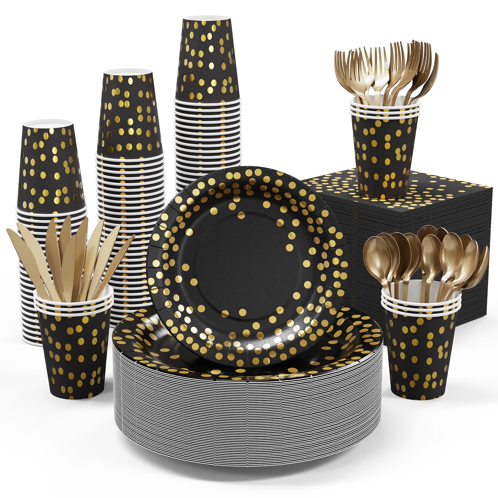 Black and Gold Party Supplies - 350 PCS Disposable Dinnerware Set - Black Paper Plates Napkins Cups, Gold Plastic Forks Knives Spoon for Halloween, Graduation, Birthday, Cocktail Party