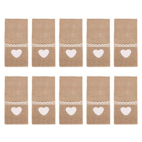 atural Burlap Tableware Utensil Holders Burlap Lace Silverware Holder Fork Bag Cutlery Pocket Natural Burlap Lace Pouch Utensil Holders Rustic Decorations For Wedding Party(Heart-Shaped)