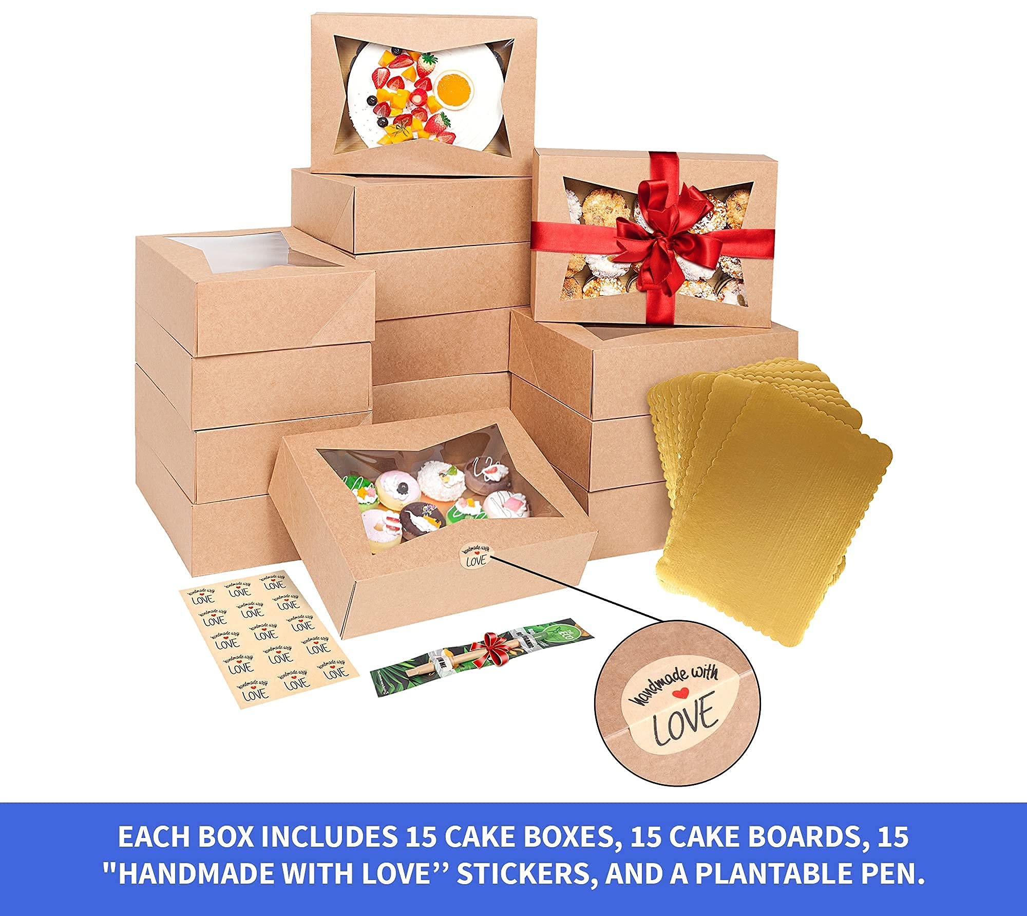 FATRE FOODS (15 Pack) Cake Boxes with Cake Boards INCLUDED – Easy-Assembly, 14 x 10 x 4 Inch, Dessert Boxes with Window, Stickers – Store & Sell Cakes, Cupcakes, Muffins, & Donuts in Bakery Boxes