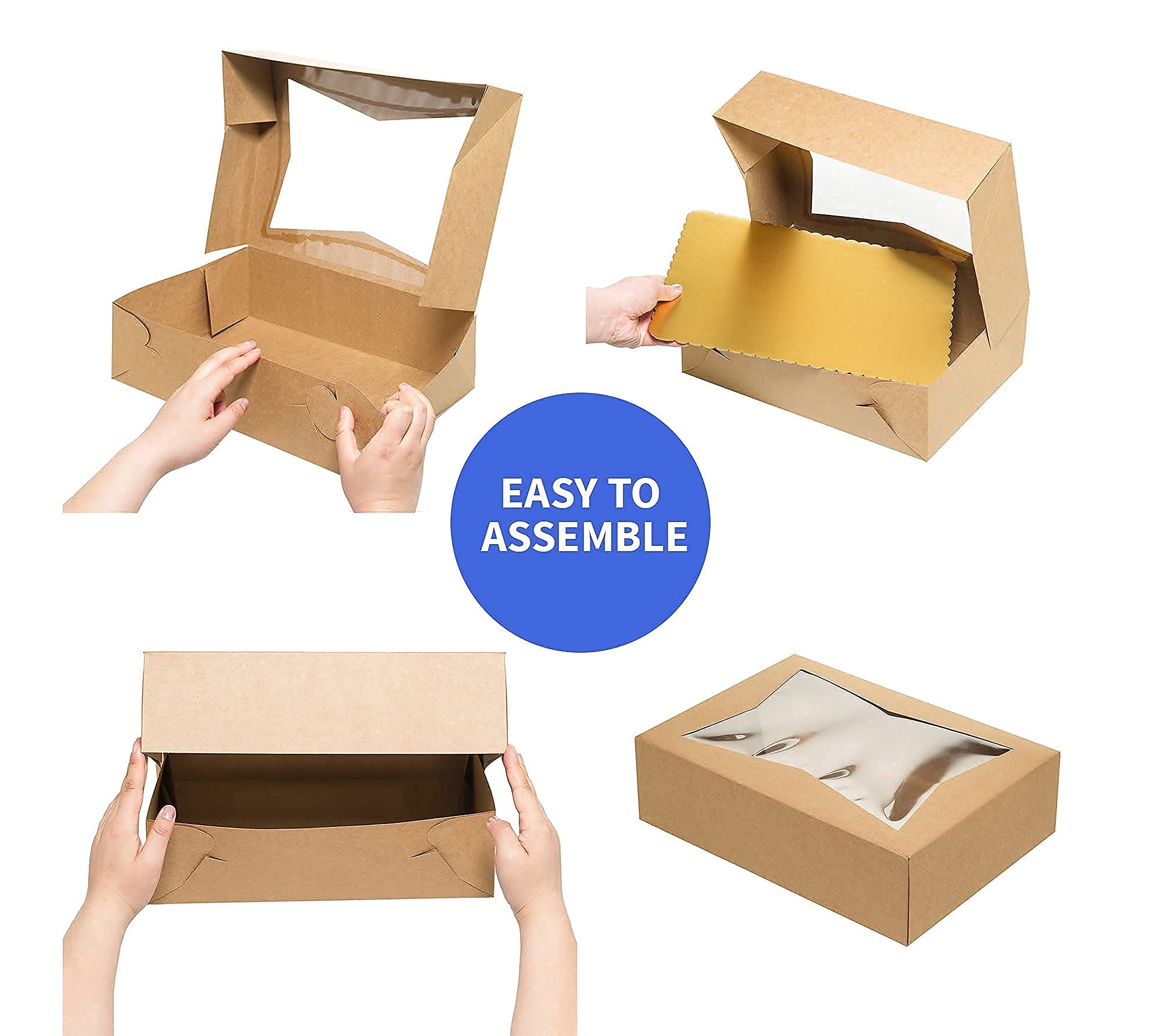 FATRE FOODS (15 Pack) Cake Boxes with Cake Boards INCLUDED – Easy-Assembly, 14 x 10 x 4 Inch, Dessert Boxes with Window, Stickers – Store & Sell Cakes, Cupcakes, Muffins, & Donuts in Bakery Boxes