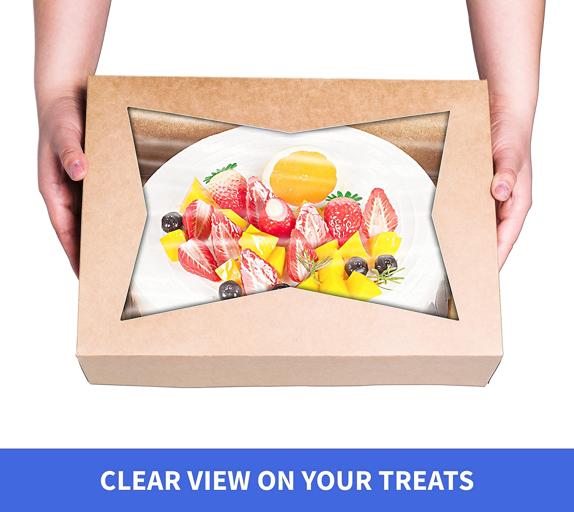 FATRE FOODS (15 Pack) Cake Boxes with Cake Boards INCLUDED – Easy-Assembly, 14 x 10 x 4 Inch, Dessert Boxes with Window, Stickers – Store & Sell Cakes, Cupcakes, Muffins, & Donuts in Bakery Boxes