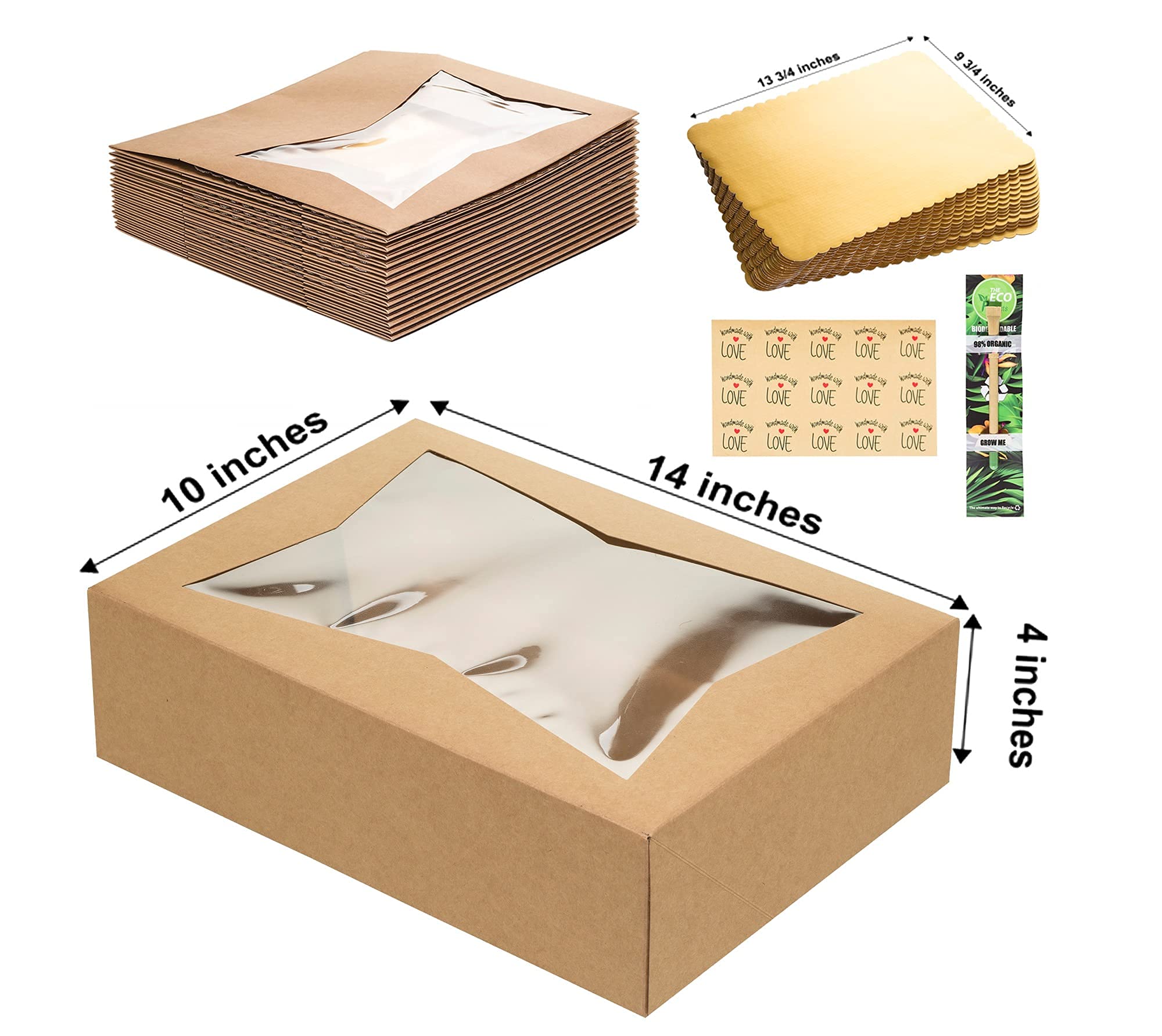 FATRE FOODS (15 Pack) Cake Boxes with Cake Boards INCLUDED – Easy-Assembly, 14 x 10 x 4 Inch, Dessert Boxes with Window, Stickers – Store & Sell Cakes, Cupcakes, Muffins, & Donuts in Bakery Boxes