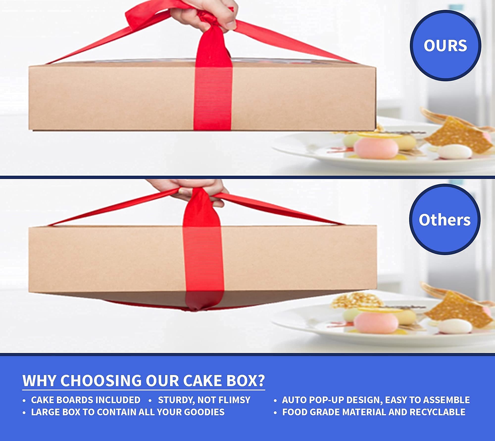 FATRE FOODS (15 Pack) Cake Boxes with Cake Boards INCLUDED – Easy-Assembly, 14 x 10 x 4 Inch, Dessert Boxes with Window, Stickers – Store & Sell Cakes, Cupcakes, Muffins, & Donuts in Bakery Boxes