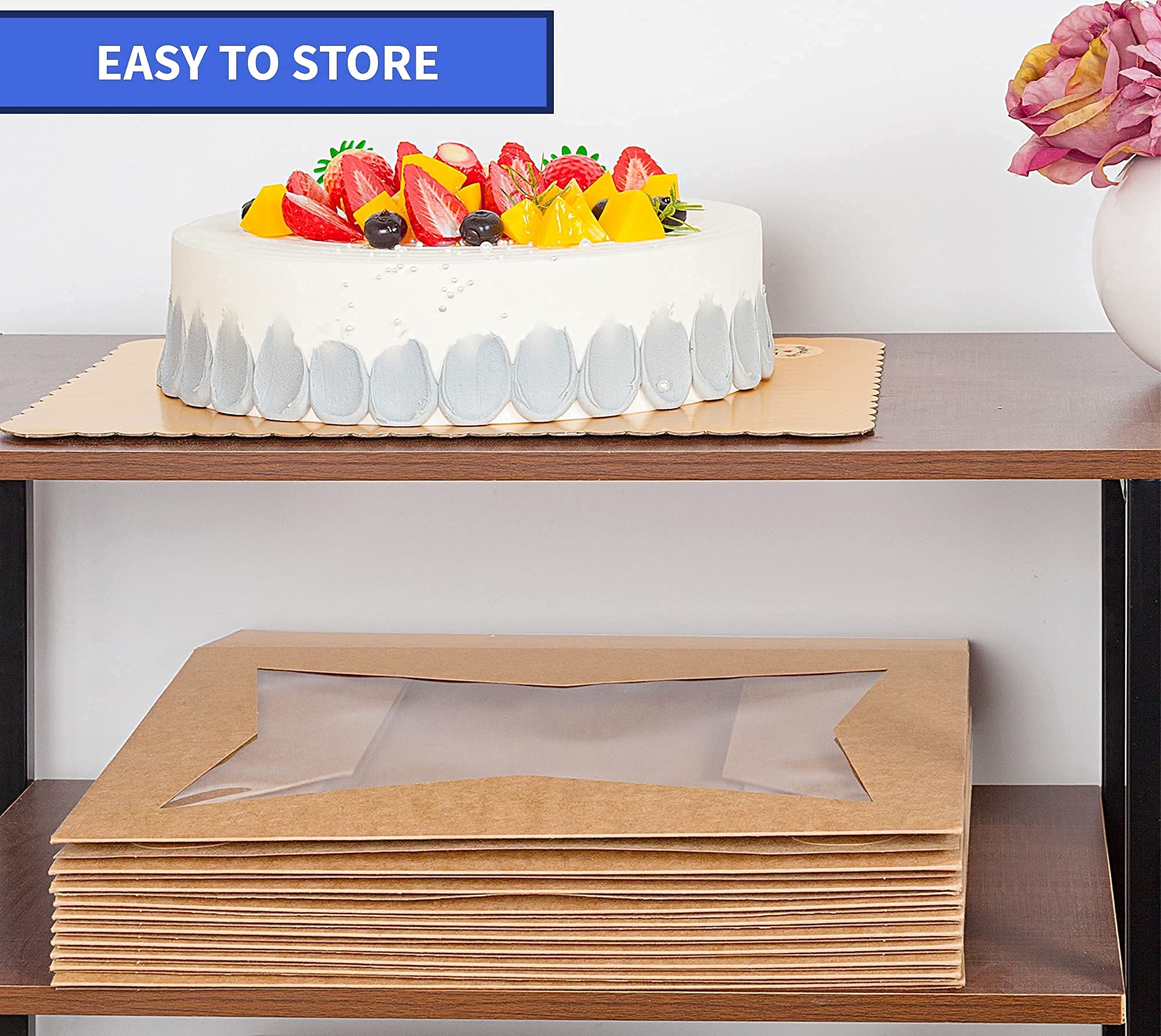 FATRE FOODS (15 Pack) Cake Boxes with Cake Boards INCLUDED – Easy-Assembly, 14 x 10 x 4 Inch, Dessert Boxes with Window, Stickers – Store & Sell Cakes, Cupcakes, Muffins, & Donuts in Bakery Boxes