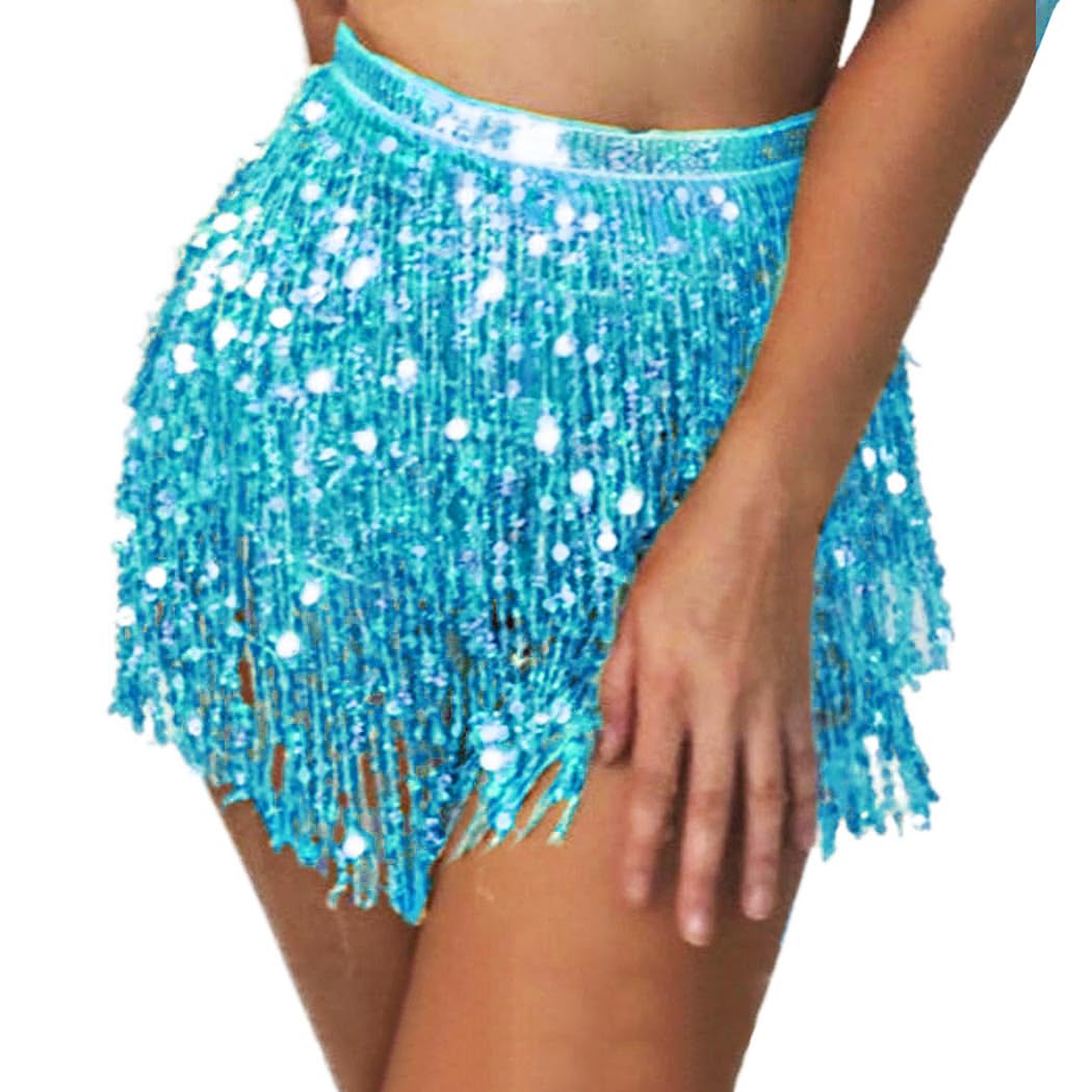 Kakaco Women Belly Dance Skirt Sequin Fringe Skirts Sparkly Hip Scarf Skirt Fashion Party Skirt Costume (G-Blue)