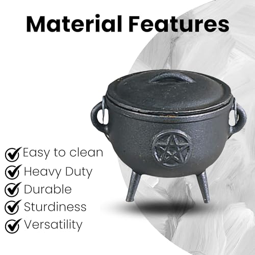 Cast Iron Cauldron with Lid and Carry Handle for Spells, Smudging, Ritual & Blessings | Includes 6 Free Incense Smudge Cups (4.5 Inch, Pentagram)