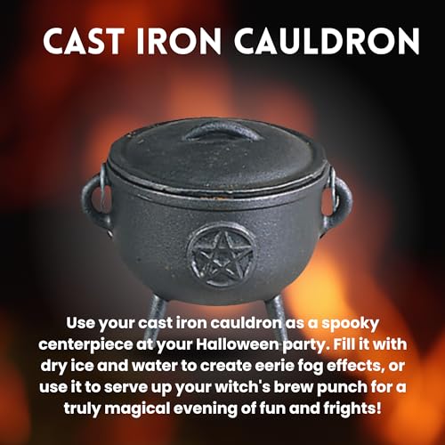 Cast Iron Cauldron with Lid and Carry Handle for Spells, Smudging, Ritual & Blessings | Includes 6 Free Incense Smudge Cups (4.5 Inch, Pentagram)
