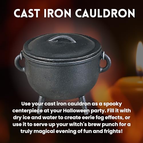 Cast Iron Cauldron with Lid and Carry Handle for Spells, Smudging, Ritual & Blessings | Includes 6 Free Incense Smudge Cups (4.5 Inch, Black)