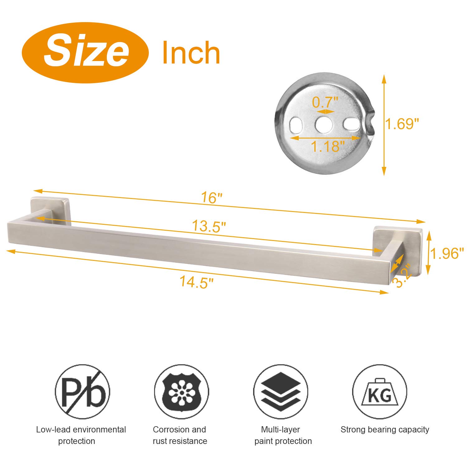 TocTen Bath Towel Rack - Square Base Thicken SUS304 Stainless Steel Towel Bar for Bathroom, Bathroom Accessories Towel Rod Heavy Duty Wall Mounted Towel Holder. (Brushed Nickel, 16)