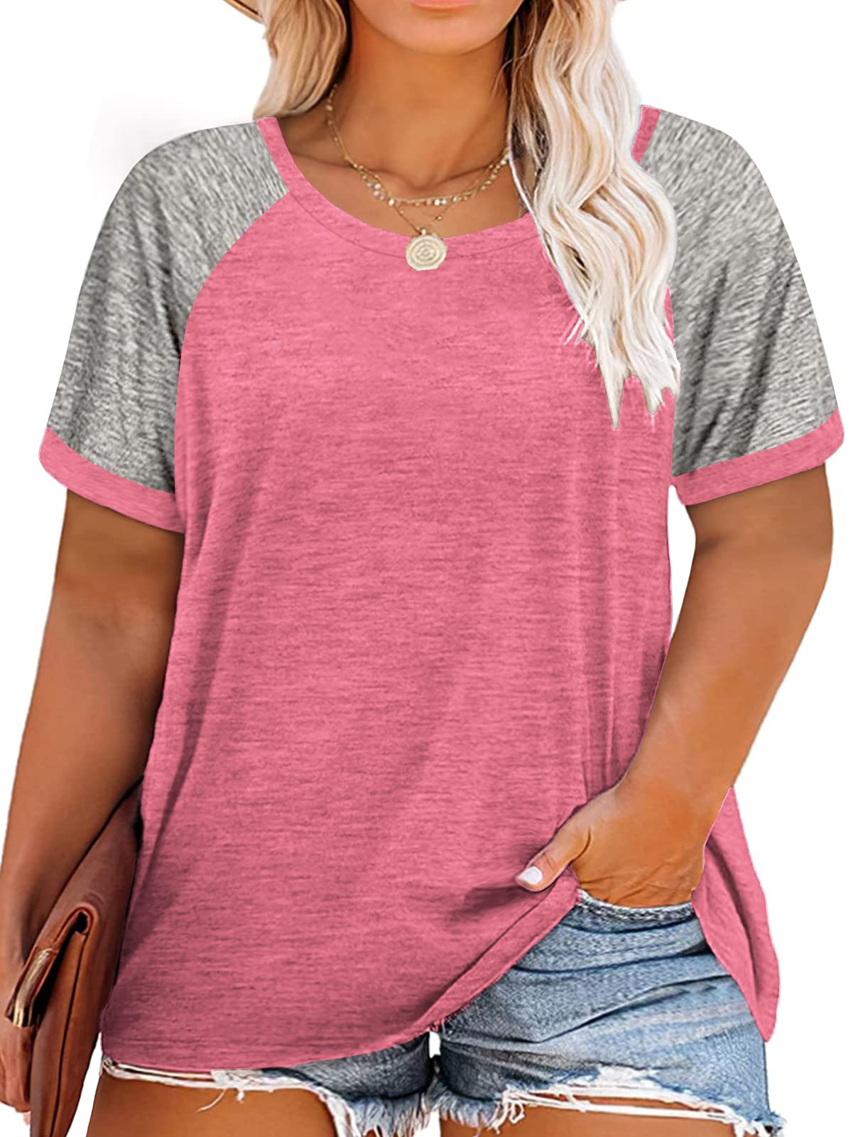 ROSRISS Plus Size Tops for Women 3x Summer Loose Fit Color Block T Shirts Pink 24W