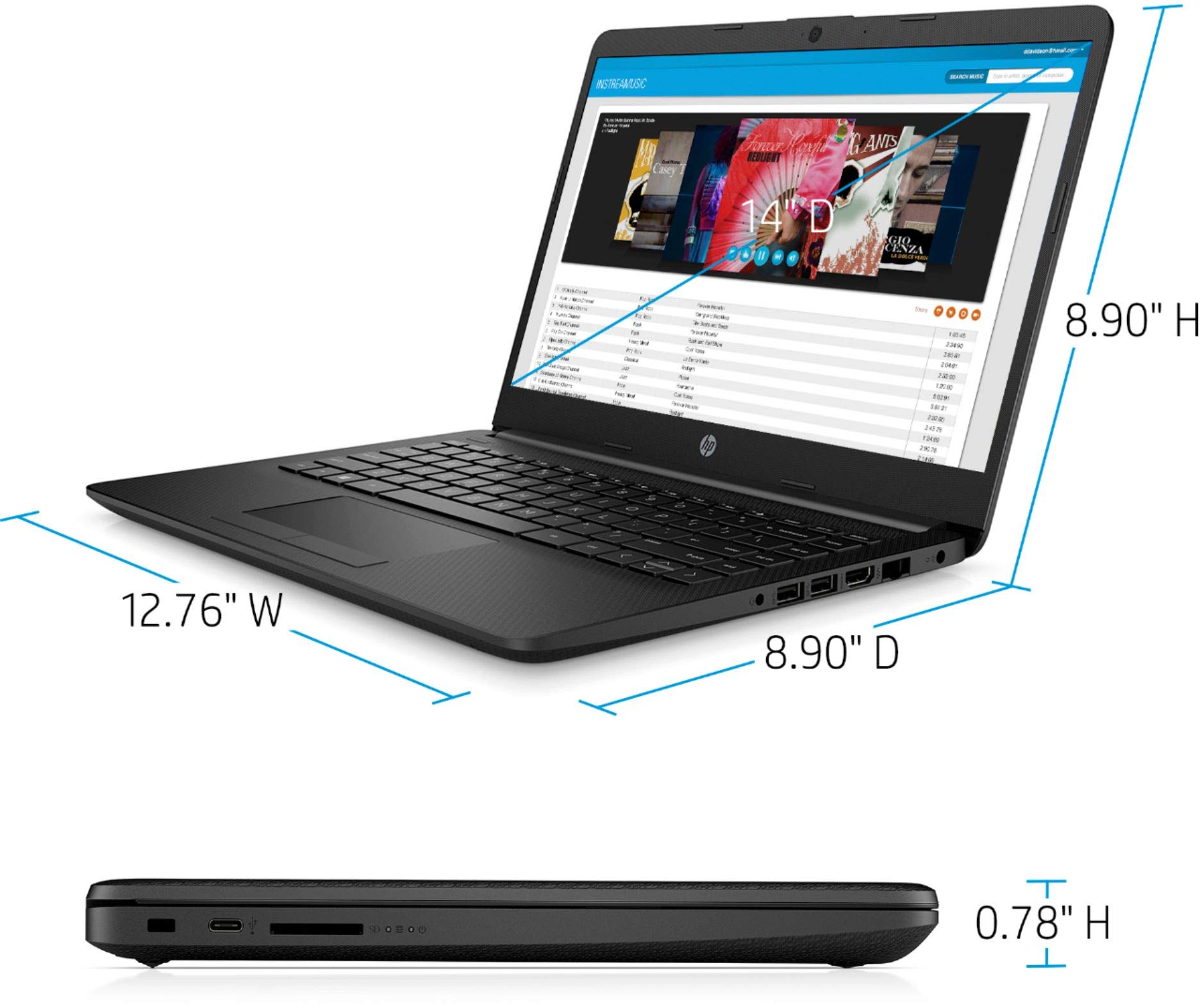 HP 2021 Laptop, 14" HD Micro-Edge Display, AMD Athlon Silver 3050U Processor, 16GB DDR4 Memory, 1TB Hard Disk Drive, HDMI, Wi-Fi, Bluetooth, Webcam, Windows 10 Home, Jet Black