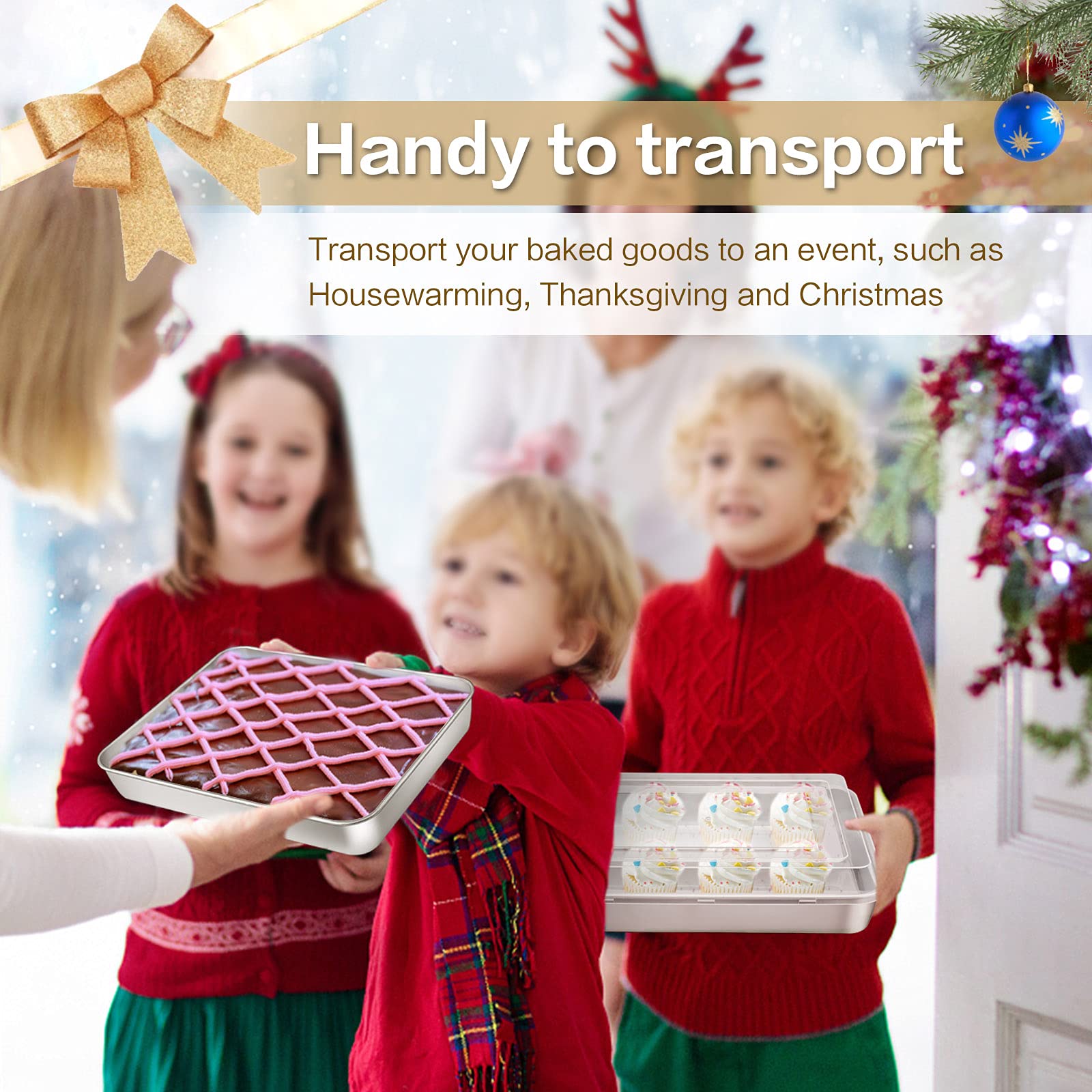 E-far Baking Pan with Lid(12.4/10.4/9.4 inch), Stainless Steel Rectangular Sheet Cake Pans with Cover, Metal Bakeware Sets for Lasagna Casseroles Brownie, Non-toxic & Dishwasher Safe - 3 Pans + 3 Lids