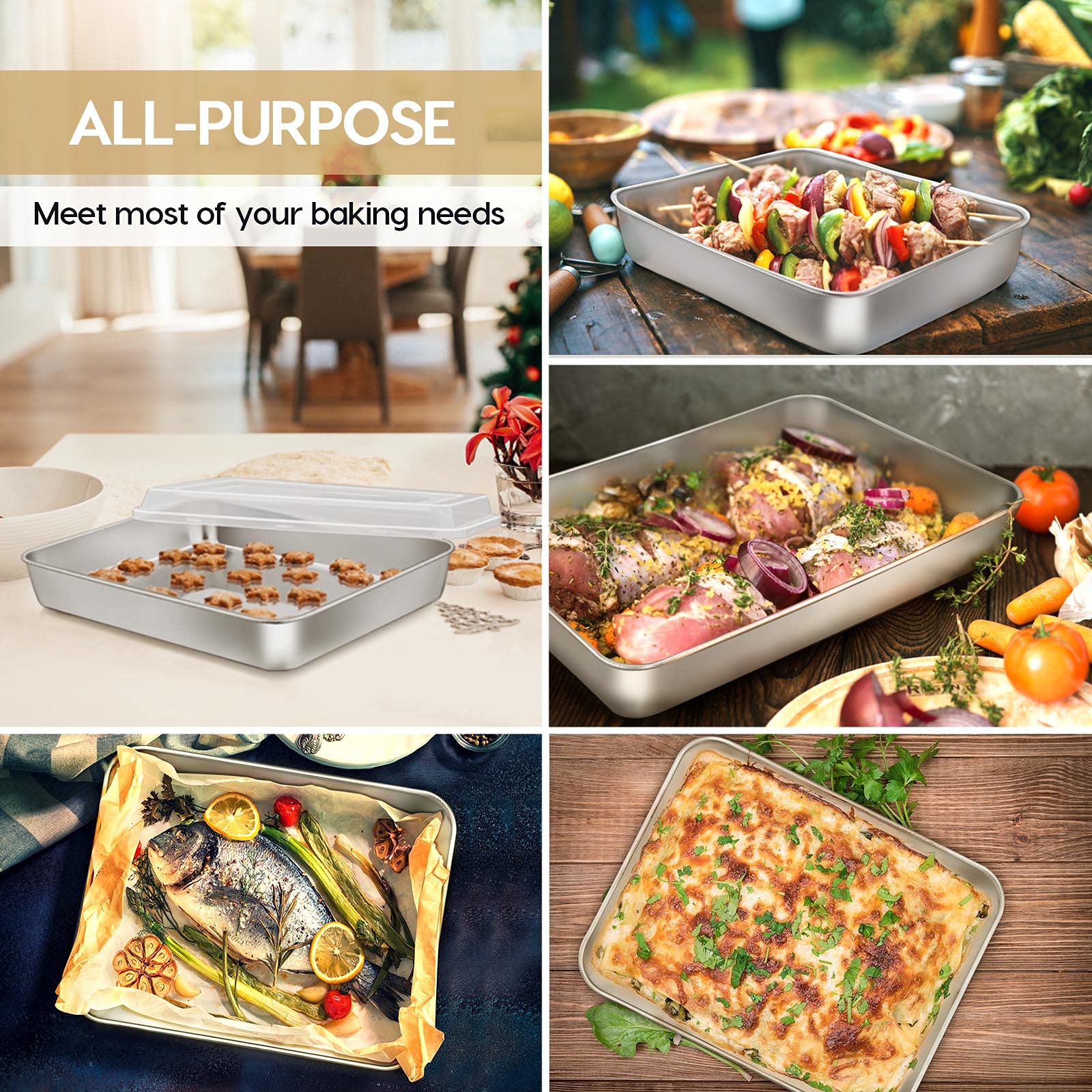 E-far Baking Pan with Lid(12.4/10.4/9.4 inch), Stainless Steel Rectangular Sheet Cake Pans with Cover, Metal Bakeware Sets for Lasagna Casseroles Brownie, Non-toxic & Dishwasher Safe - 3 Pans + 3 Lids