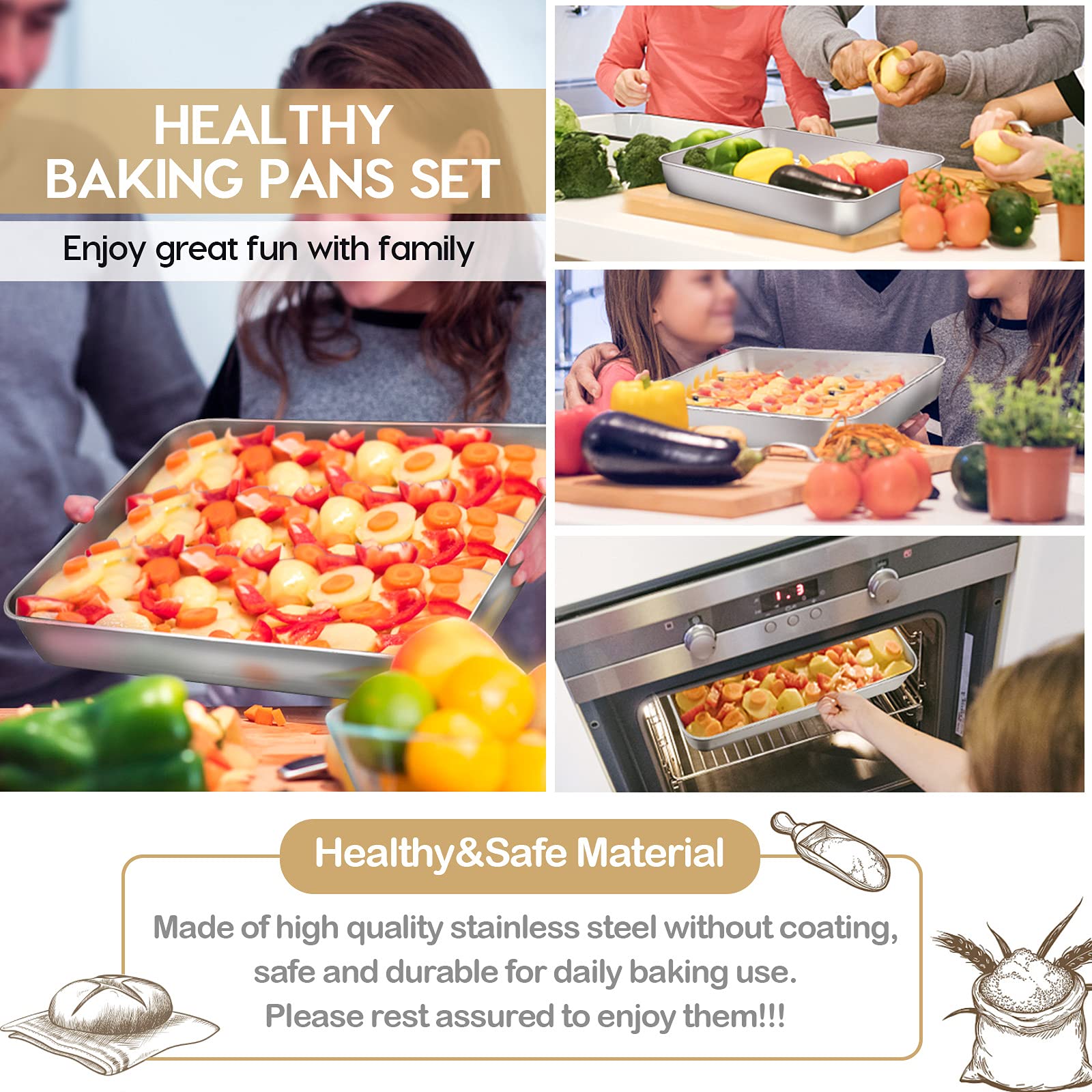 E-far Baking Pan with Lid(12.4/10.4/9.4 inch), Stainless Steel Rectangular Sheet Cake Pans with Cover, Metal Bakeware Sets for Lasagna Casseroles Brownie, Non-toxic & Dishwasher Safe - 3 Pans + 3 Lids