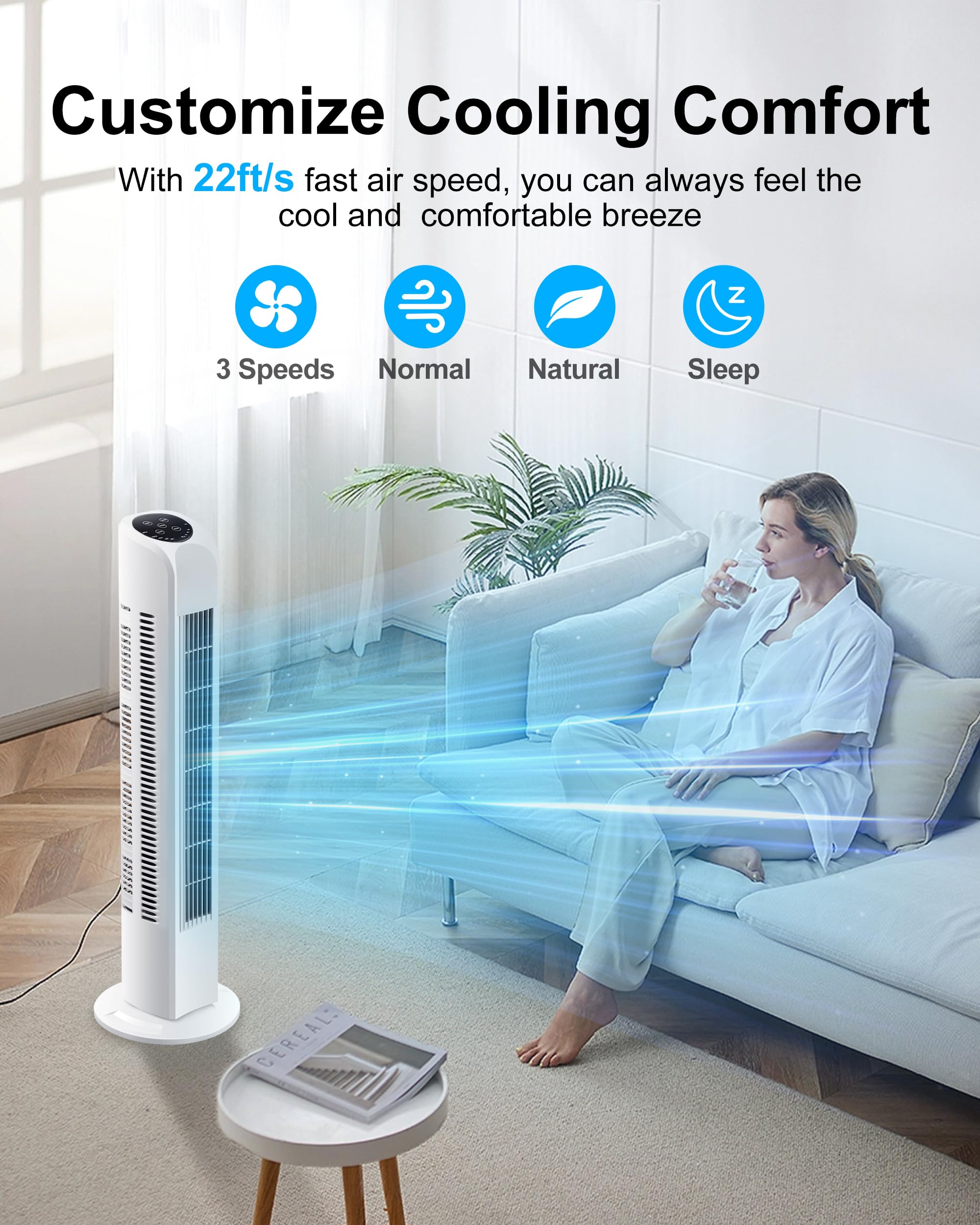 Uthfy Oscillating Bladeless Tower Fan with Remote, Quiet Cooling Portable, Electric Standing Floor Fan with 3 Wind Speeds 3 Modes for Bedroom,Indoor,Office and Home Use, 30", White