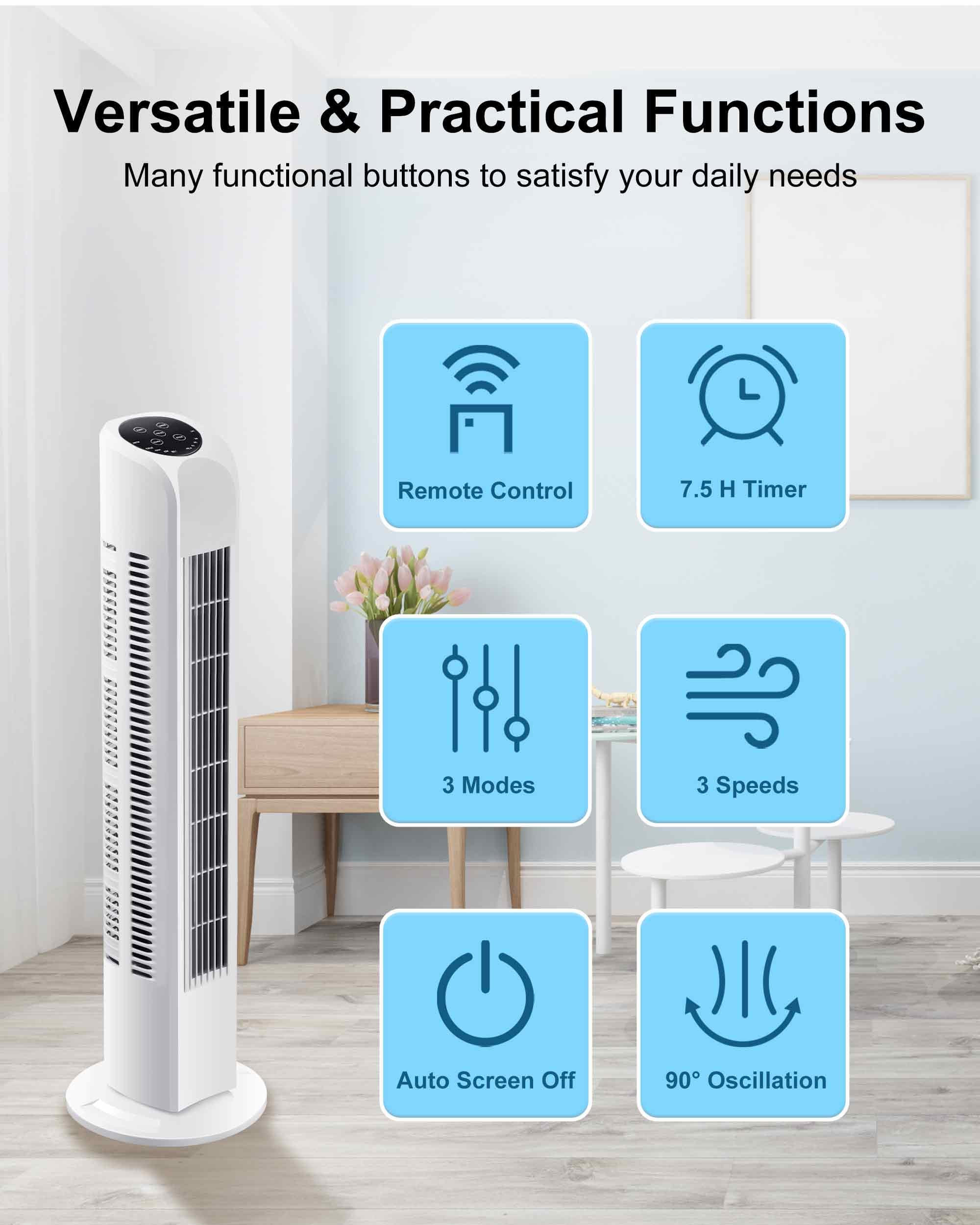 Uthfy Oscillating Bladeless Tower Fan with Remote, Quiet Cooling Portable, Electric Standing Floor Fan with 3 Wind Speeds 3 Modes for Bedroom,Indoor,Office and Home Use, 30", White