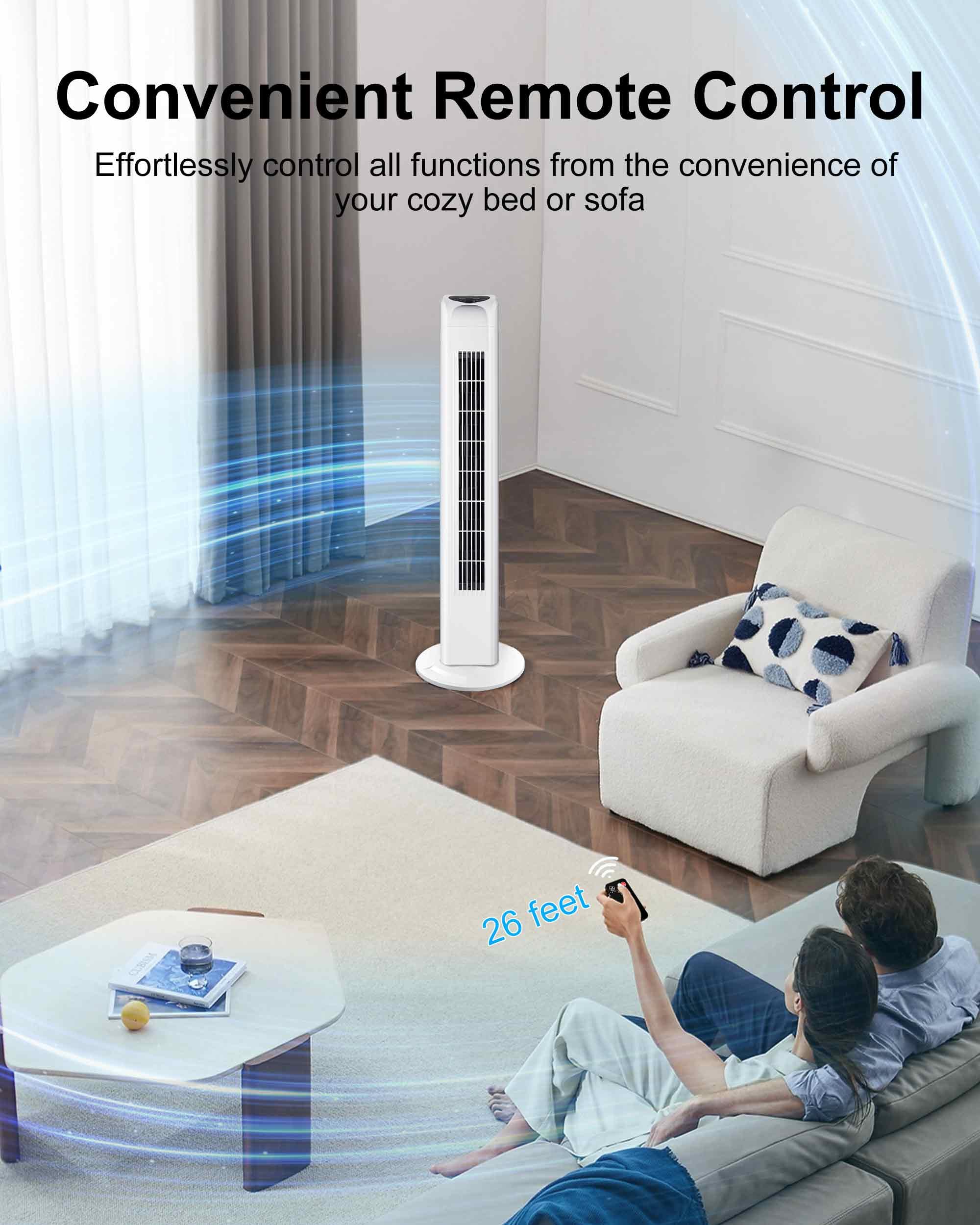 Uthfy Oscillating Bladeless Tower Fan with Remote, Quiet Cooling Portable, Electric Standing Floor Fan with 3 Wind Speeds 3 Modes for Bedroom,Indoor,Office and Home Use, 30", White