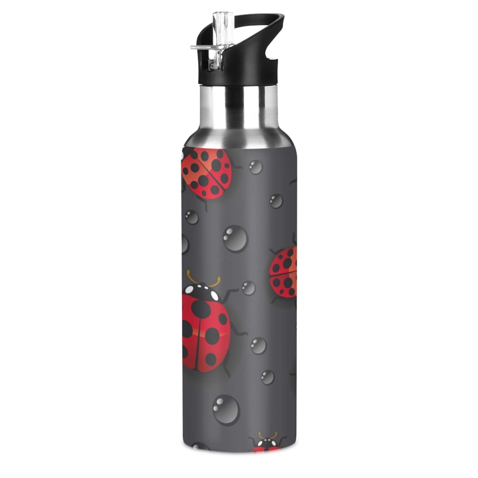 WELLDAY Water Bottle Ladybugs Double Wall Vacuum Insulated Flask Stainless Steel with Straw Lid 20oz