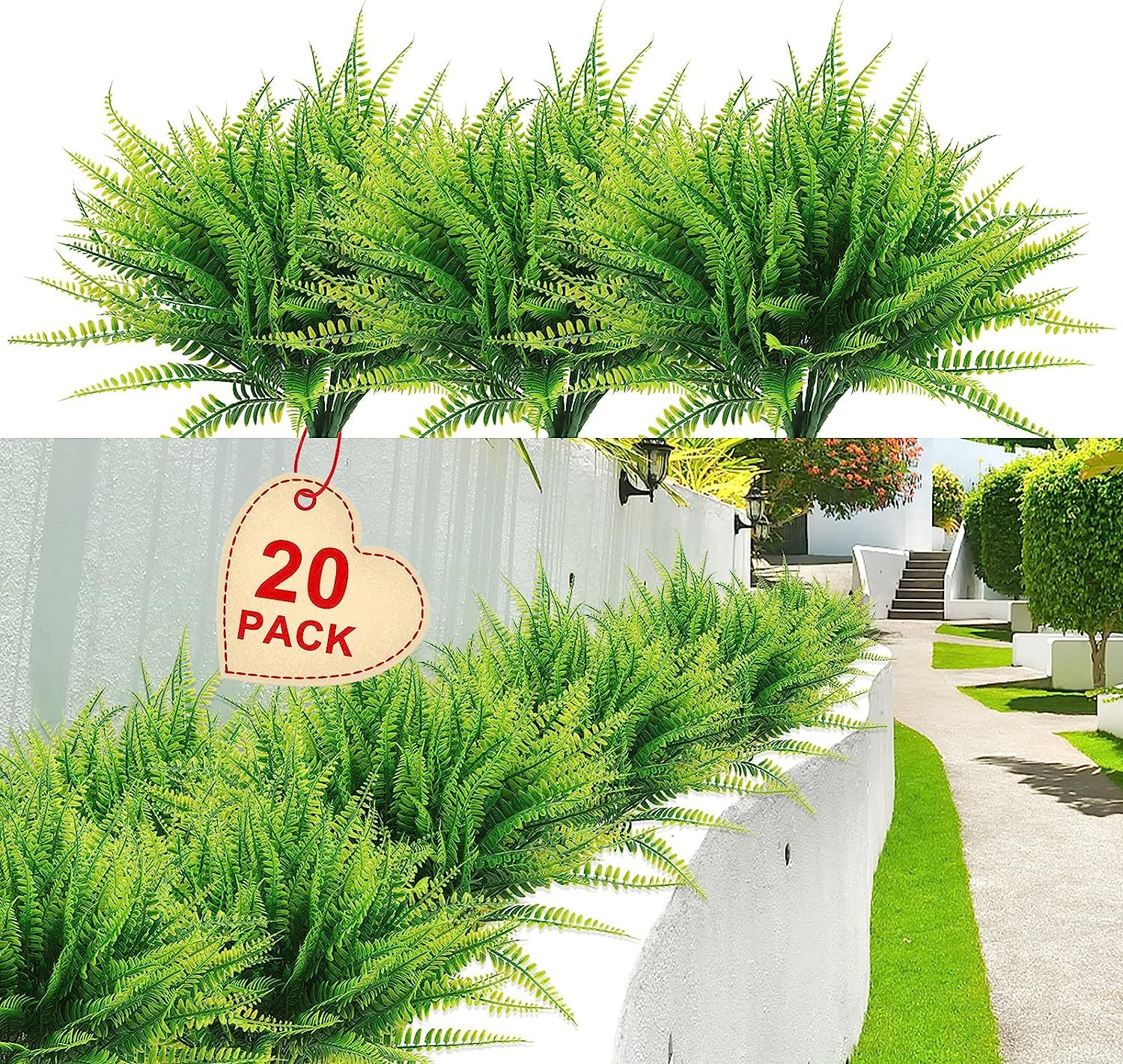 Artificial Boston Fake Fern Plants Bushes 20Packs Faux Plants Shrubs Greenery UV Resistant for Garden House Office Indoor Outdoor Décor