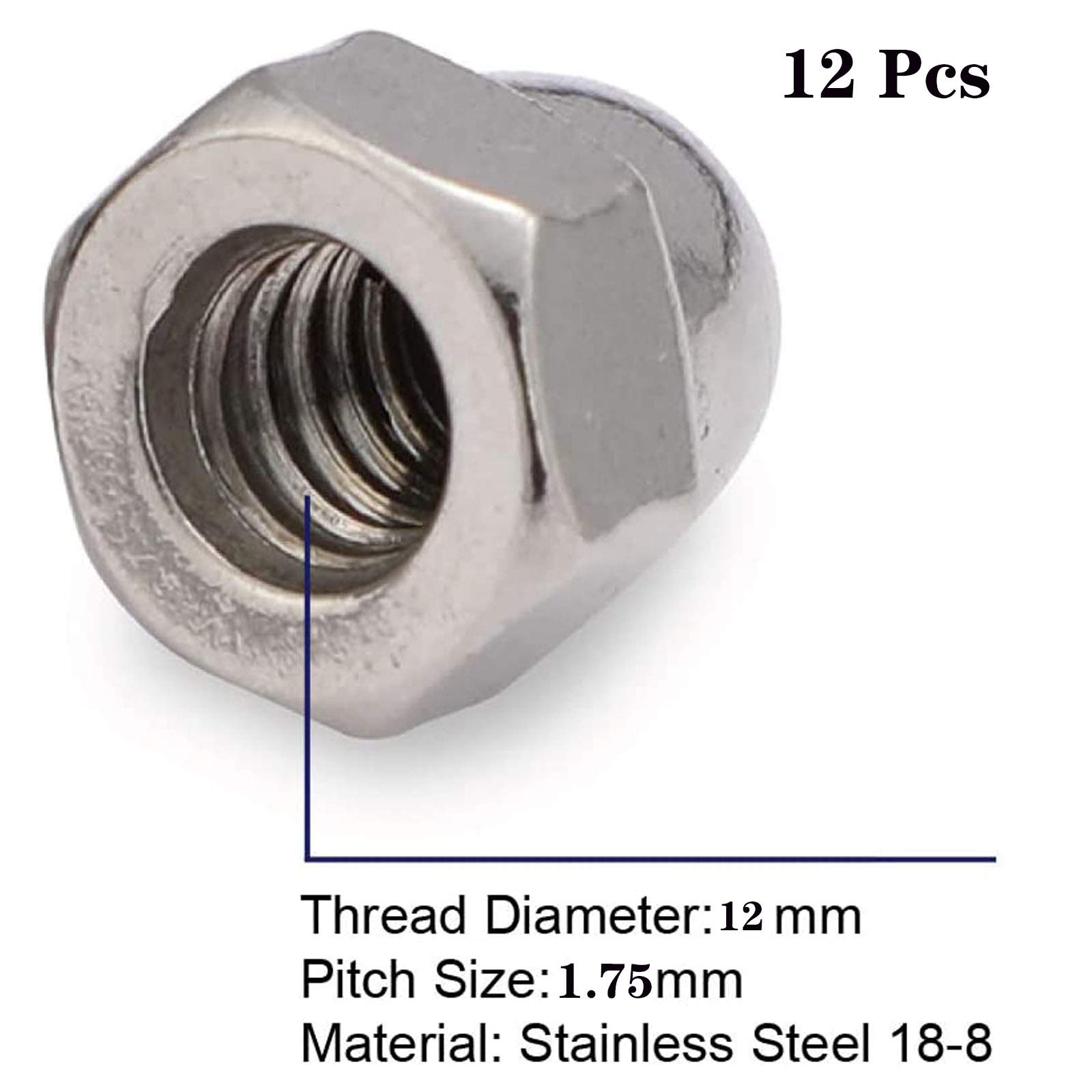 M12-1.75 Metric Acorn Cap Nuts Dome Head Nuts, 304 Stainless Steel 18-8, Plain Finish,Hex Acorn Cap,Nuts Decorative Nut Caps (12 Pcs)