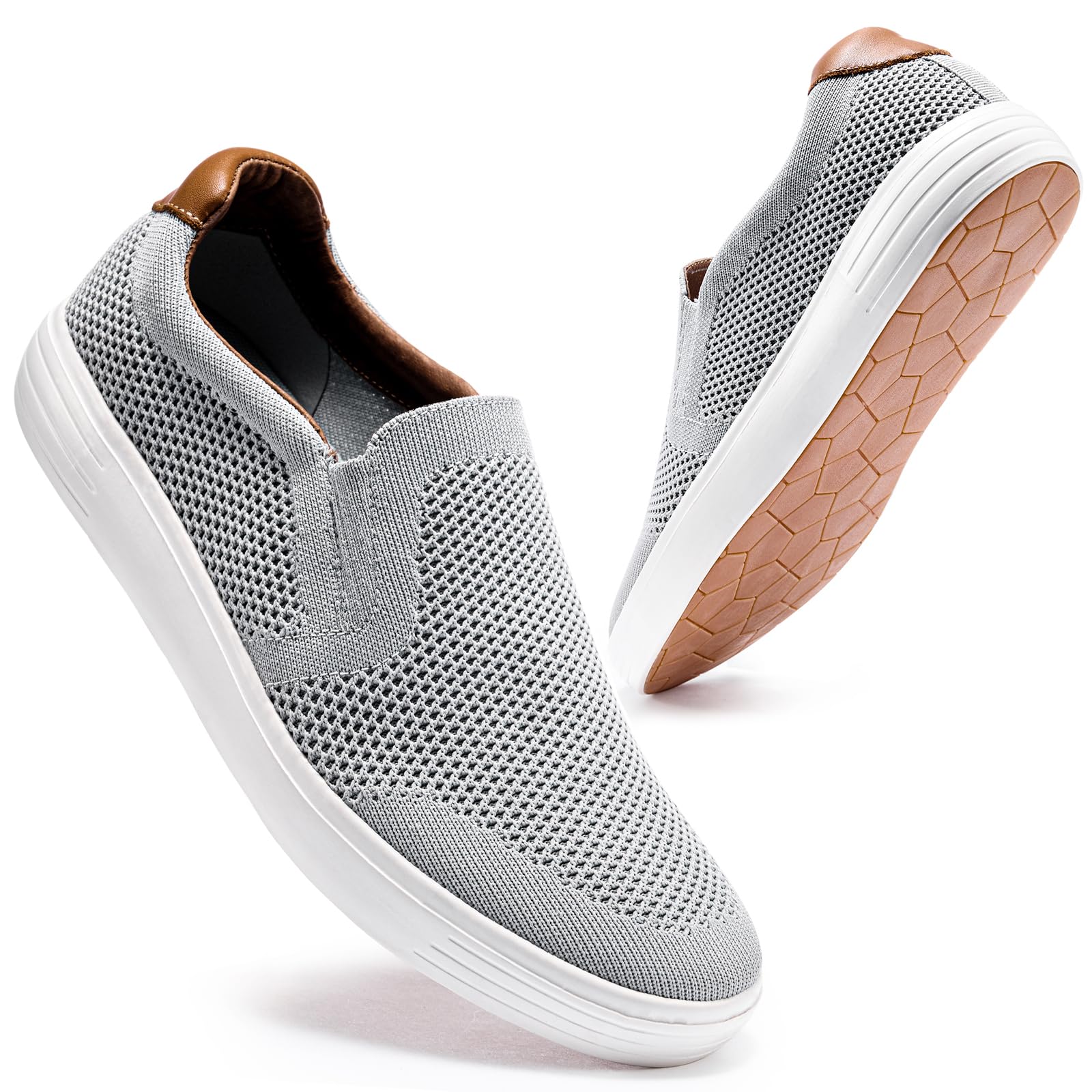 konhill Men's Slip on Sneaker - Knit Walking Loafers Memory Foam Driving Work Skate Shoes Arch Support Slip Resistant Shoes 9 US Gray,42