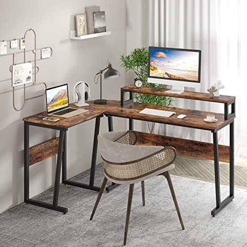 TREETALK Computer Desk, L-Shaped Corner Desk with Large Monitor Stand, Switchable PC Laptop Table, Gaming Writing Workstation for Home Office (Rustic Brown)