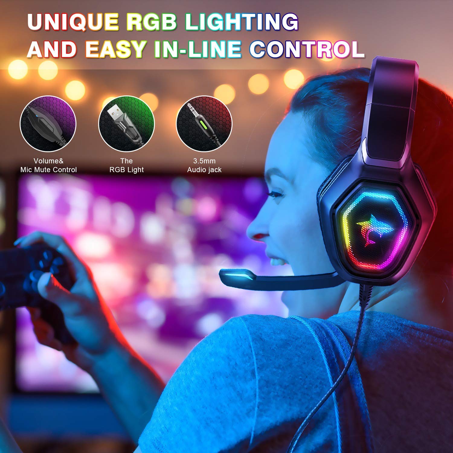 Gaming Headset with Mic & LED Light Noise Cancelling Over Ear Headphones for Nintendo Switch PS4 PS5 PC Xbox One Laptop Phones,50MM Speaker Driver,Stereo Sound Headset with Microphone